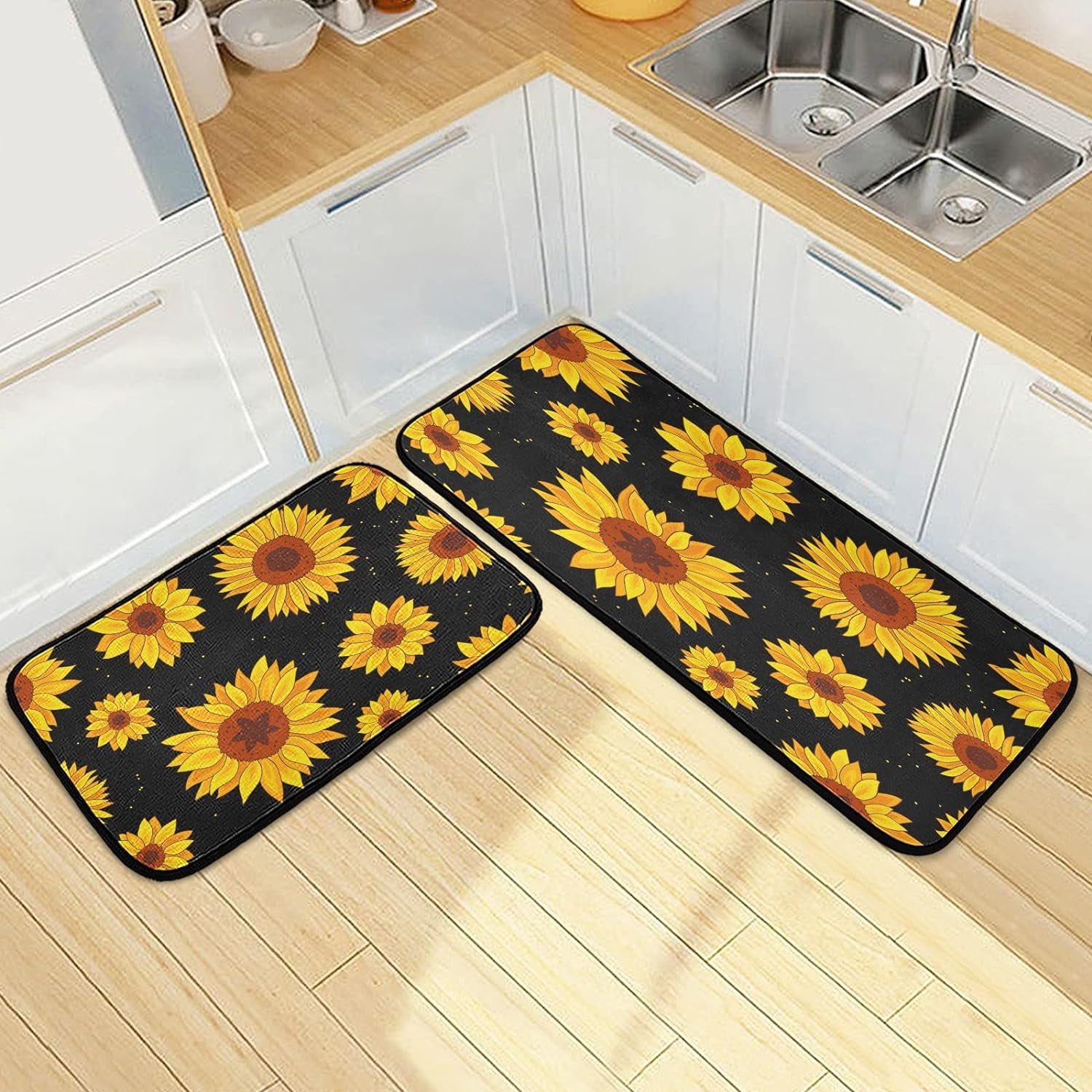 SKYSONIC Summer Yellow Flowers Kitchen Rugs Set of 2, Sunflowers Floor ...