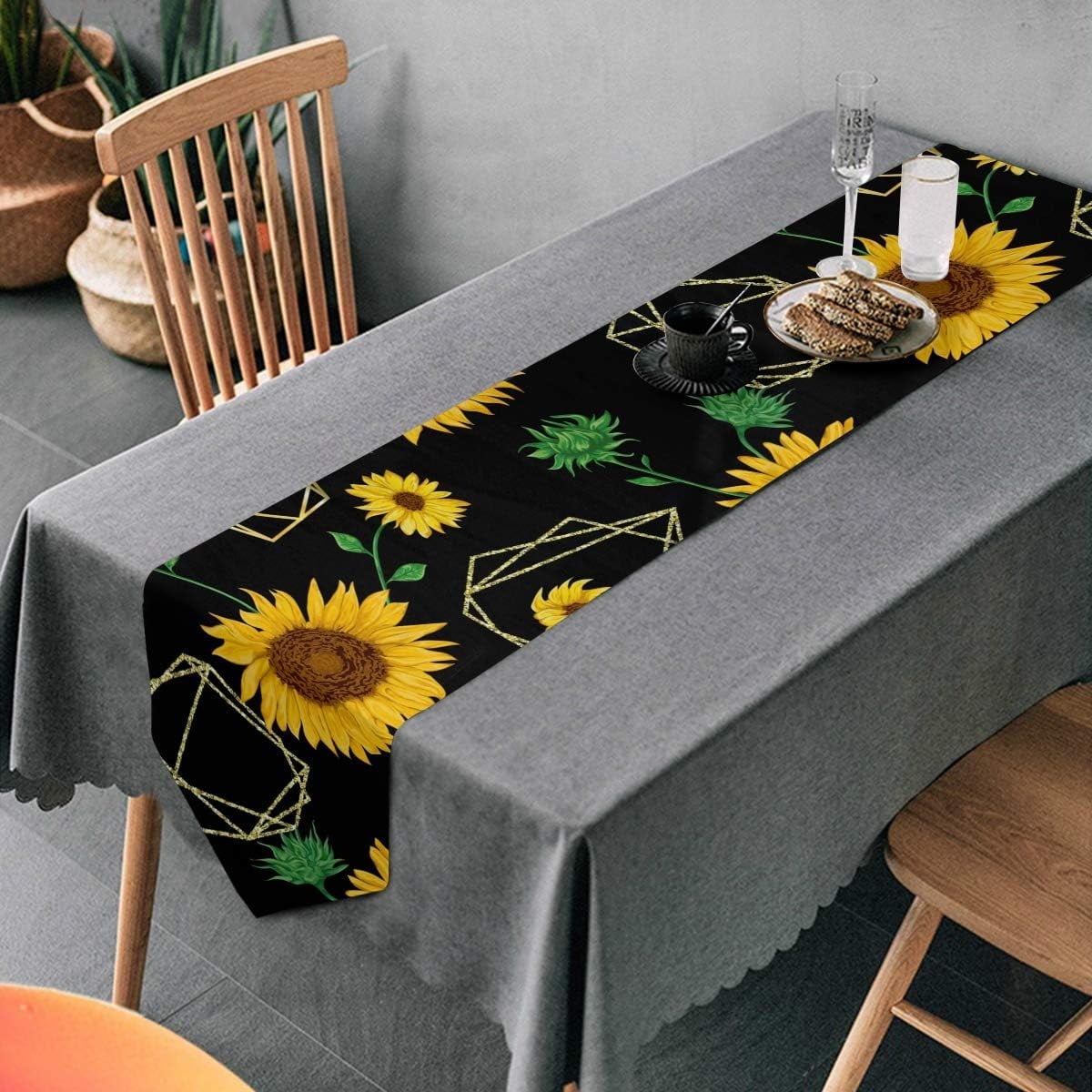 SKYSONIC Sunflower Golden Table Runner Dining Table Decor 13" × 90 ...