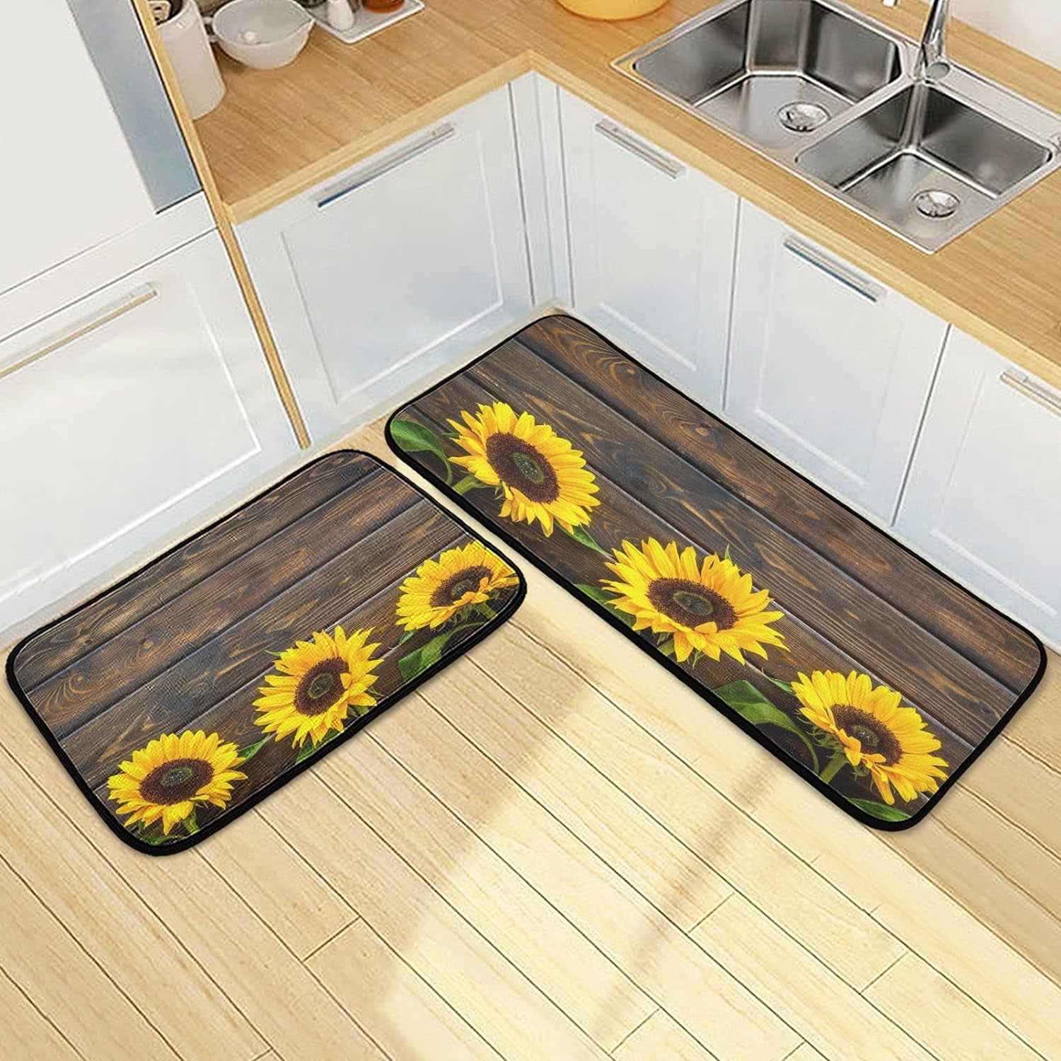 SKYSONIC Sunflower Old Wooden Kitchen Rugs Set of 2, Summer Vintage ...
