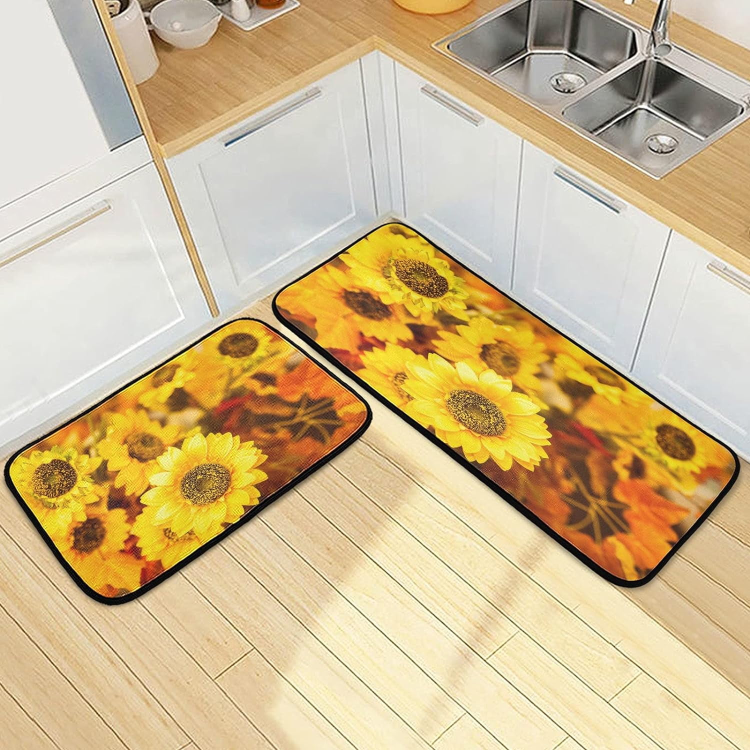 SKYSONIC Sunflowers Autumn Season Kitchen Rugs Set of 2, Fall Leafs ...