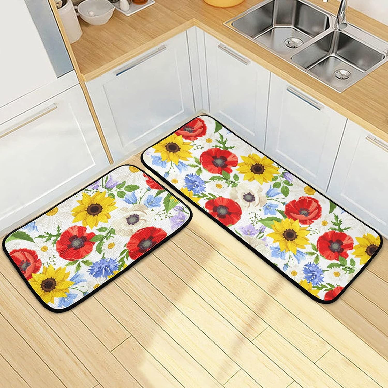 SKYSONIC Sunflowers Poppies Daisies Kitchen Rugs Set of 2, Colorful ...