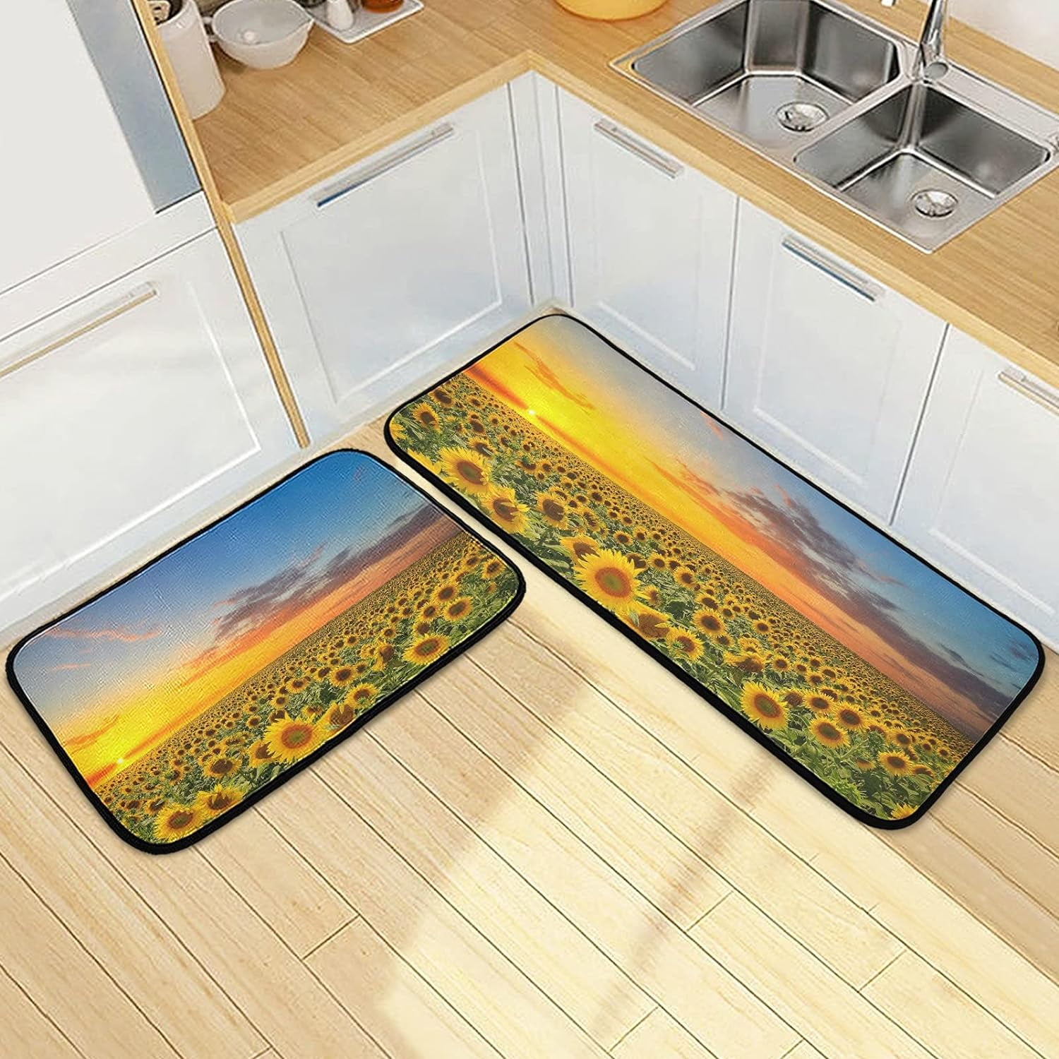 SKYSONIC Sunflowers Sea Kitchen Mats and Rugs Sunset Floral Field Floor Runner Area Rug Washable ...