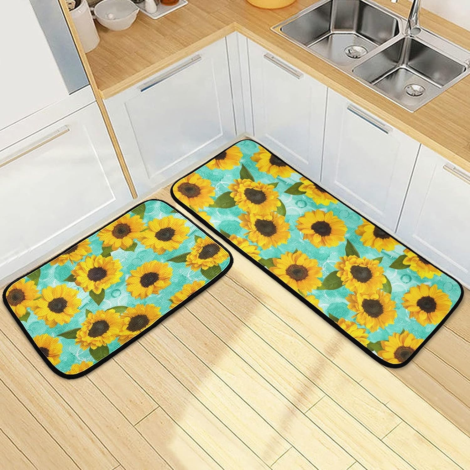 SKYSONIC Sunflowers Teal Kitchen Rugs Set of 2, Watercolor Floor Runner ...