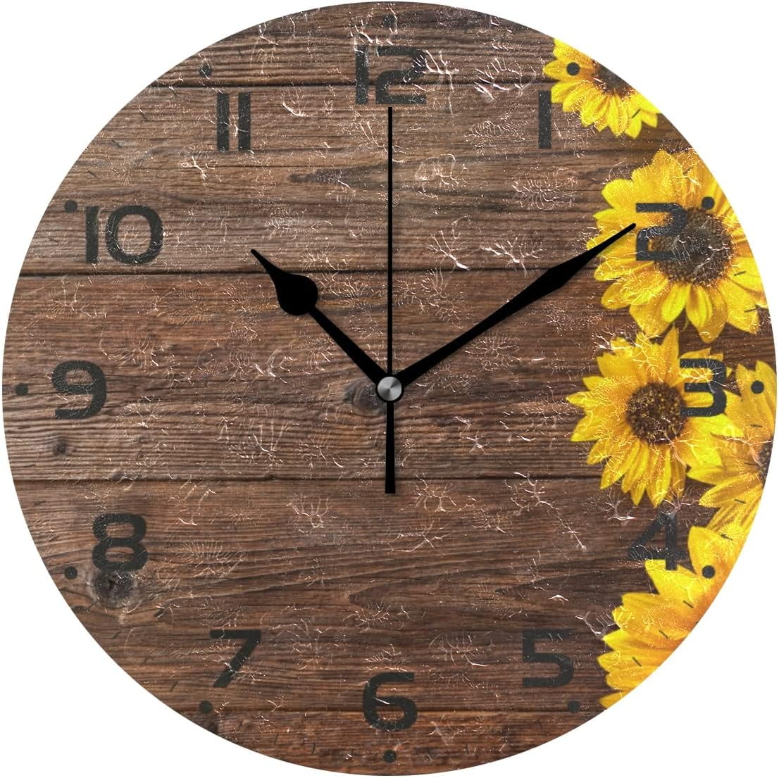 SKYSONIC Sunflowers On Wooden Board Wall Clock 10 Inch Silent Non ...