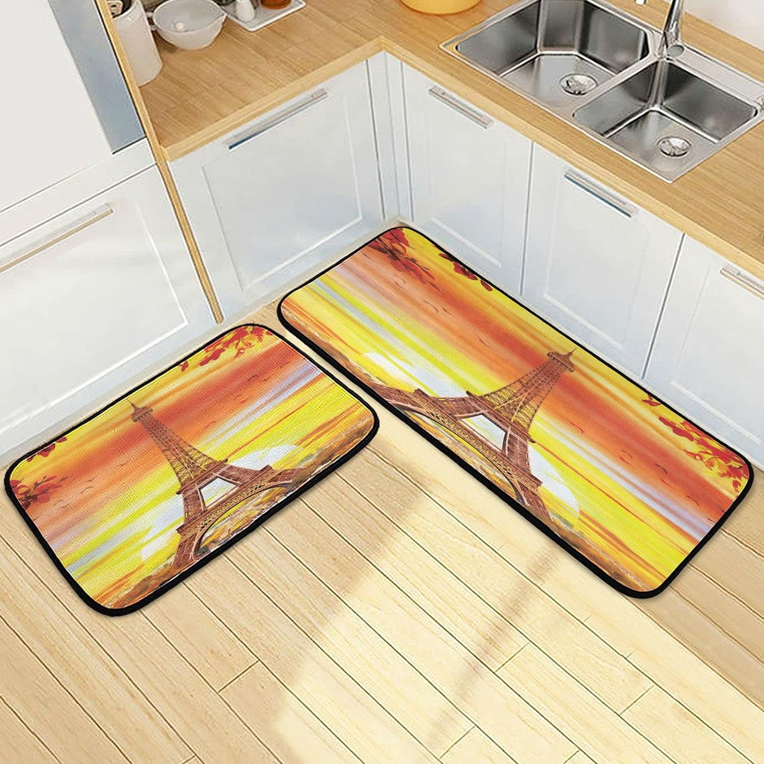 SKYSONIC Sunset Eiffel Tower Kitchen Rugs Set of 2, Autumn Paris Floor ...