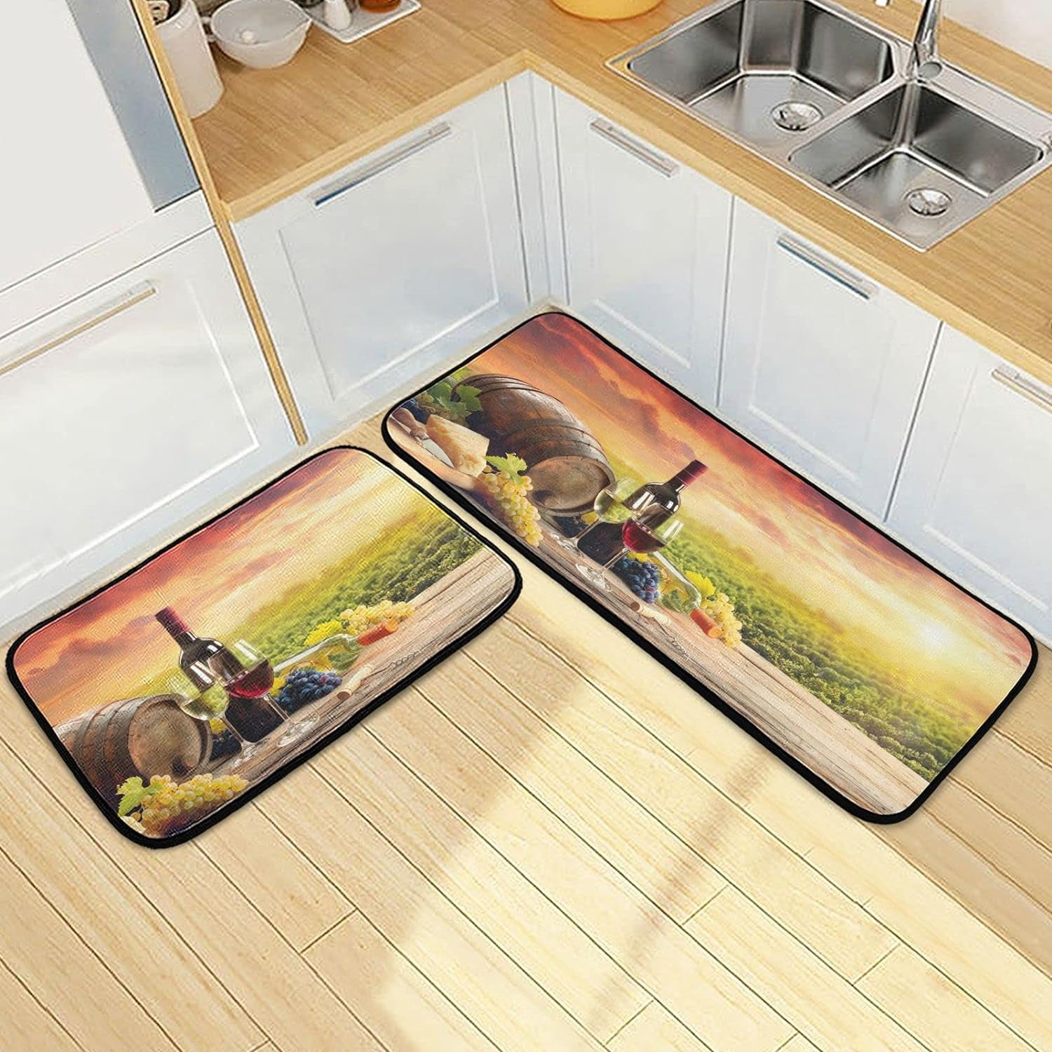 SKYSONIC Sunset Wine Vineyard Kitchen Rugs 2 Pieces, Grapes Cheese ...