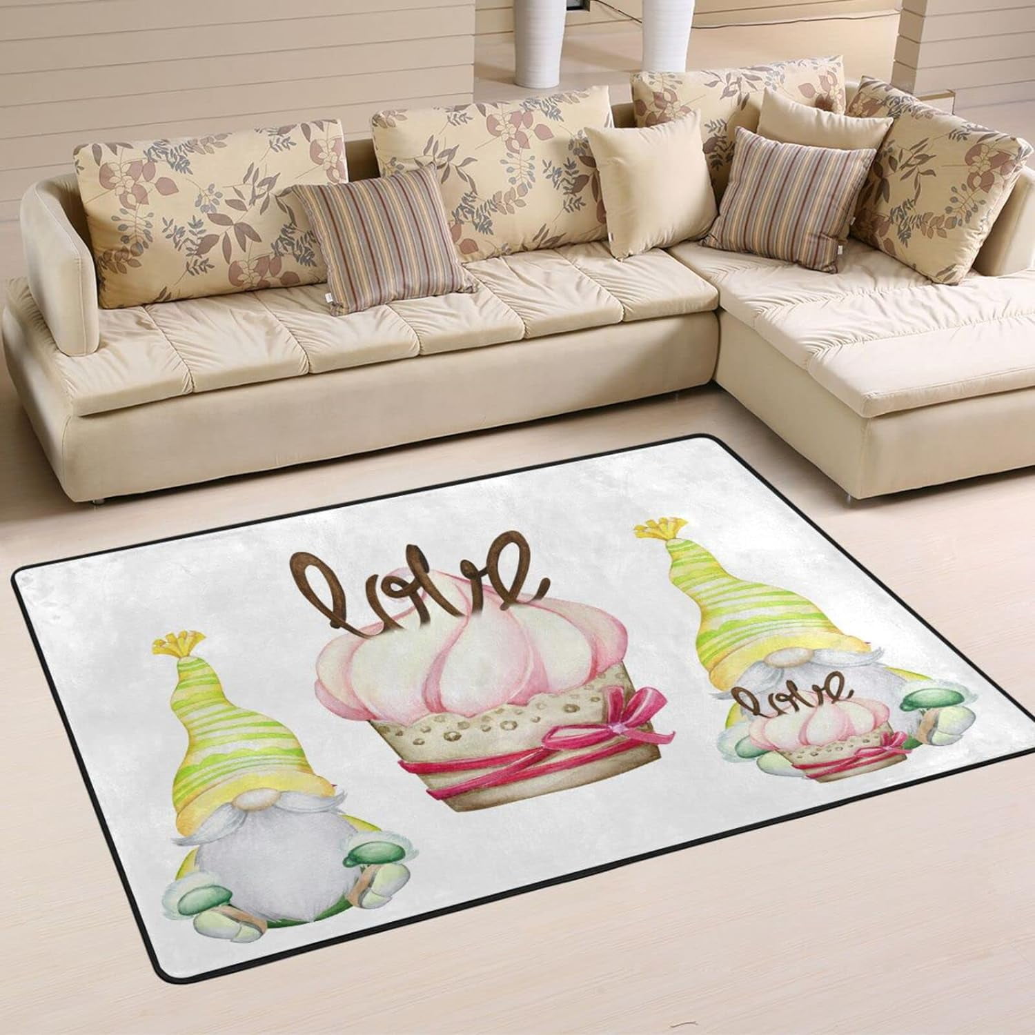 SKYSONIC Sweet Gnomes Valentines Non-Slip Area Rug, Dwarf Cakes Floor ...