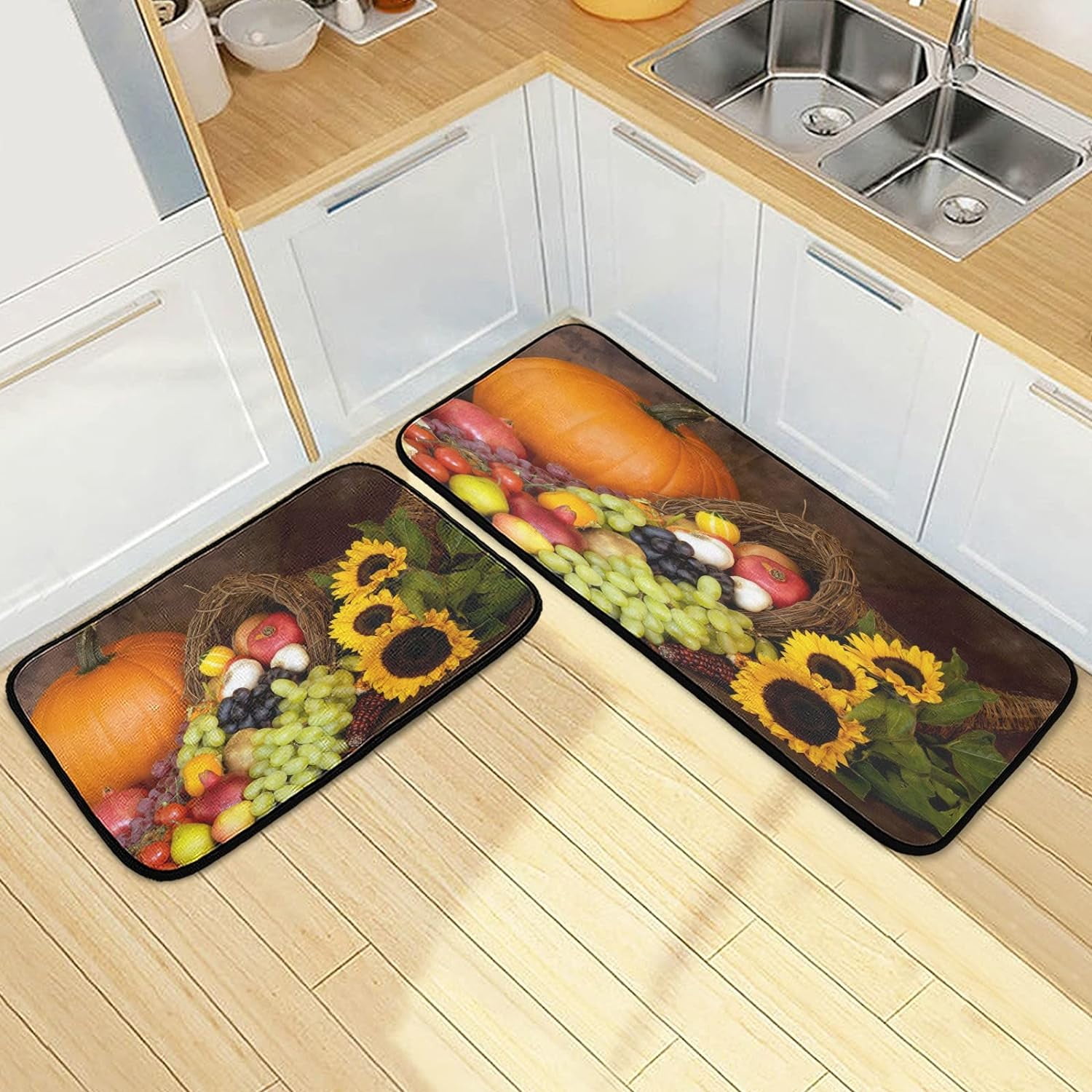 SKYSONIC Thanksgiving Cornucopia Kitchen Rugs Set of 2, Sunflower Fresh ...