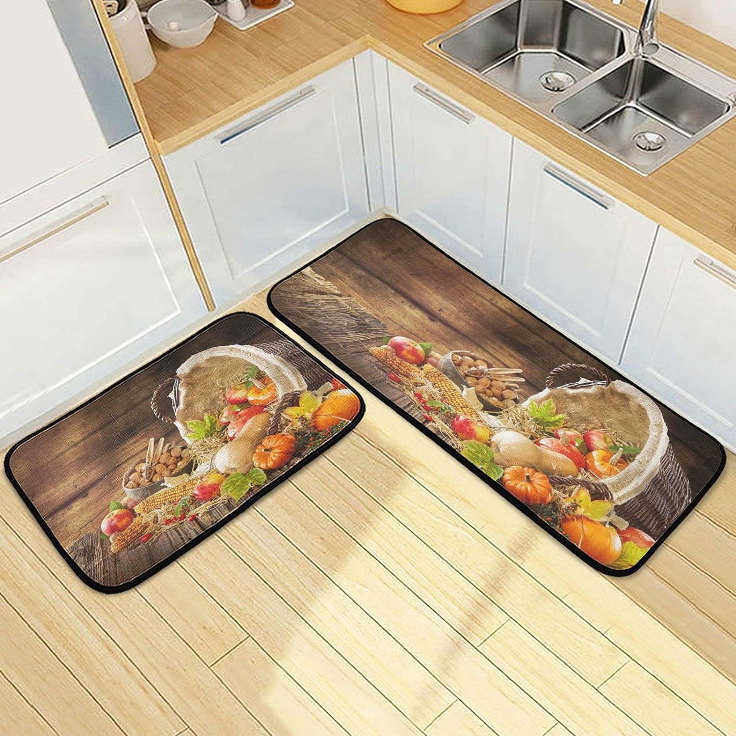 SKYSONIC Thanksgiving Harvest Wooden Kitchen Rugs Set of 2, Fall Autumn ...