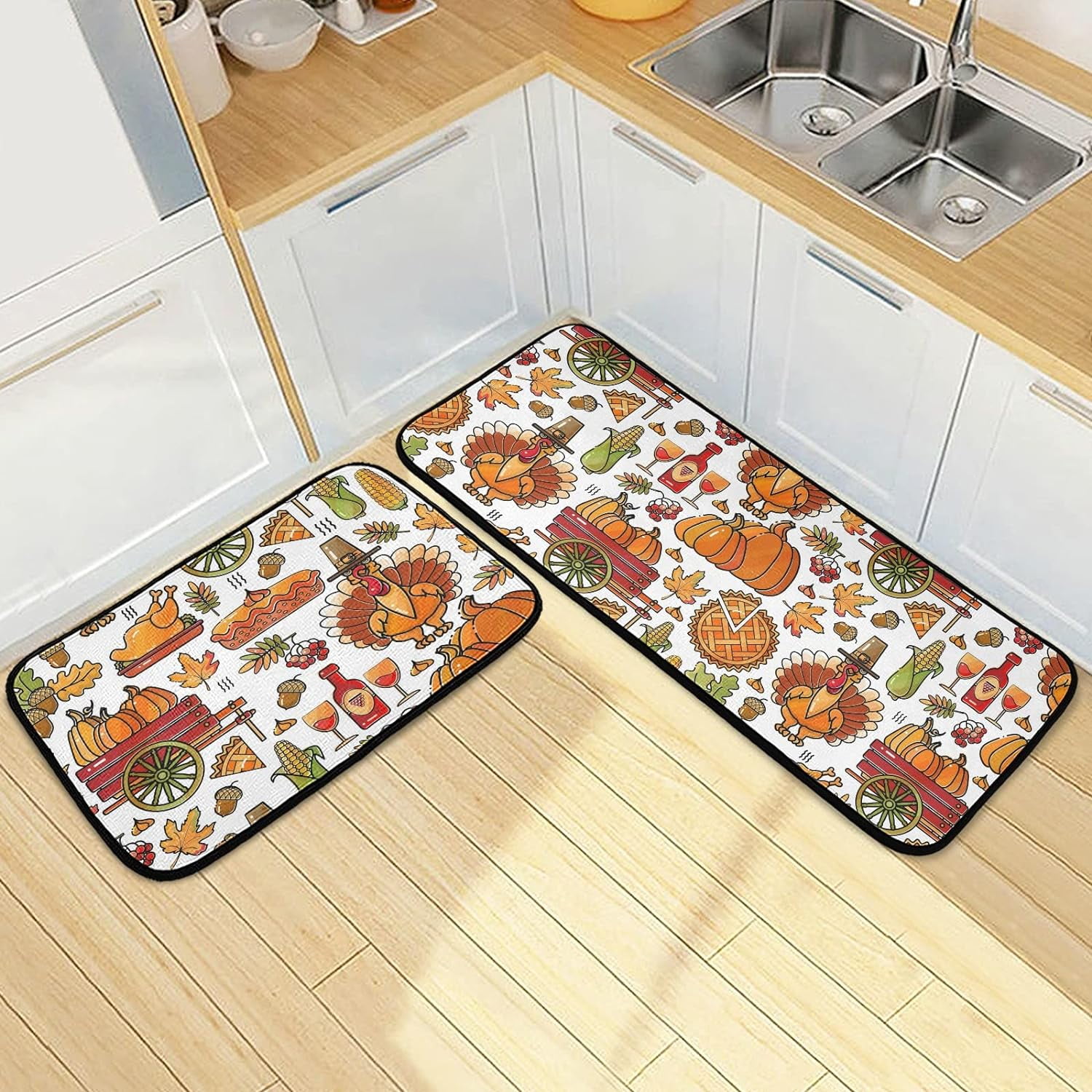 SKYSONIC Thanksgiving Holiday Kitchen Rugs Set of 2, Wine Pumpkin ...