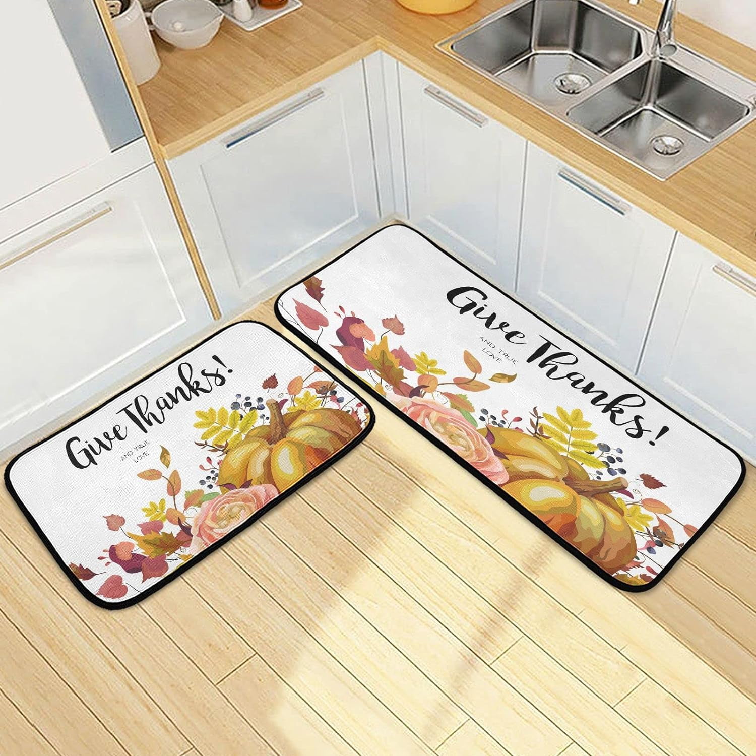 SKYSONIC Thanksgiving Pumpkin Floral Kitchen Rugs Set of 2, Fall Autumn ...