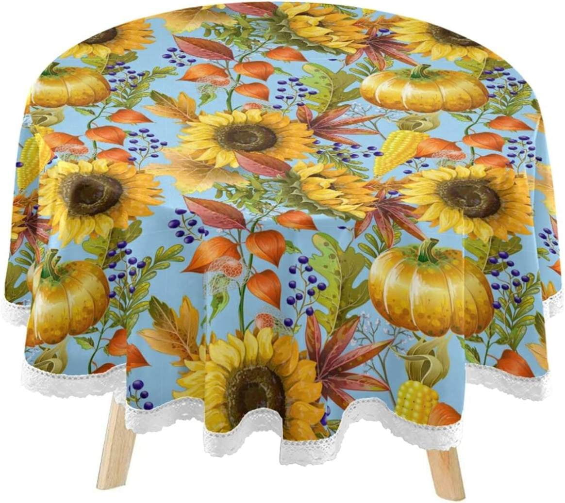 SKYSONIC Thanksgiving Sunflowers Pumpkins Round Tablecloth 60inch ...