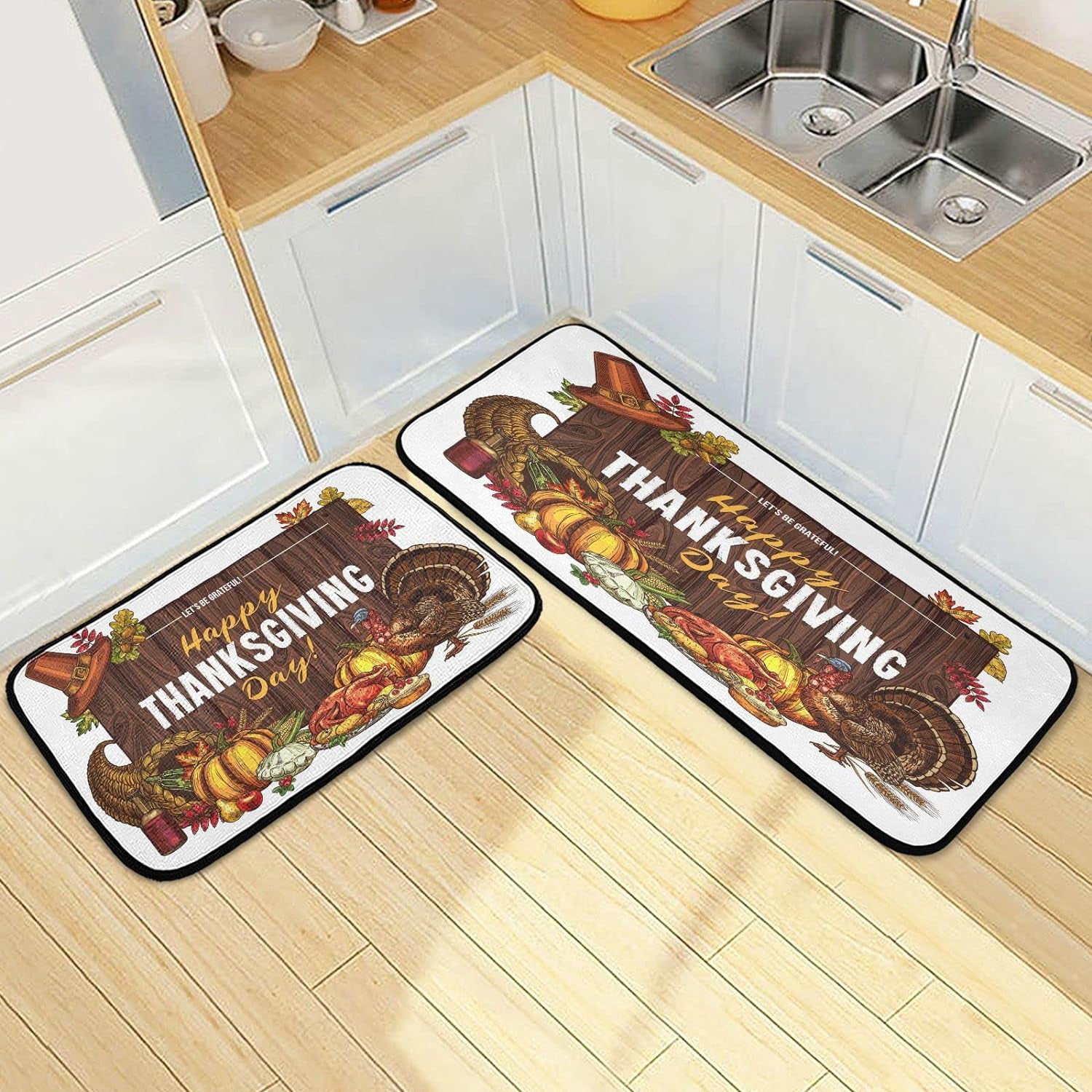 SKYSONIC Thanksgiving Turkey Cornucopia Kitchen Rugs Set of 2, Vintage ...