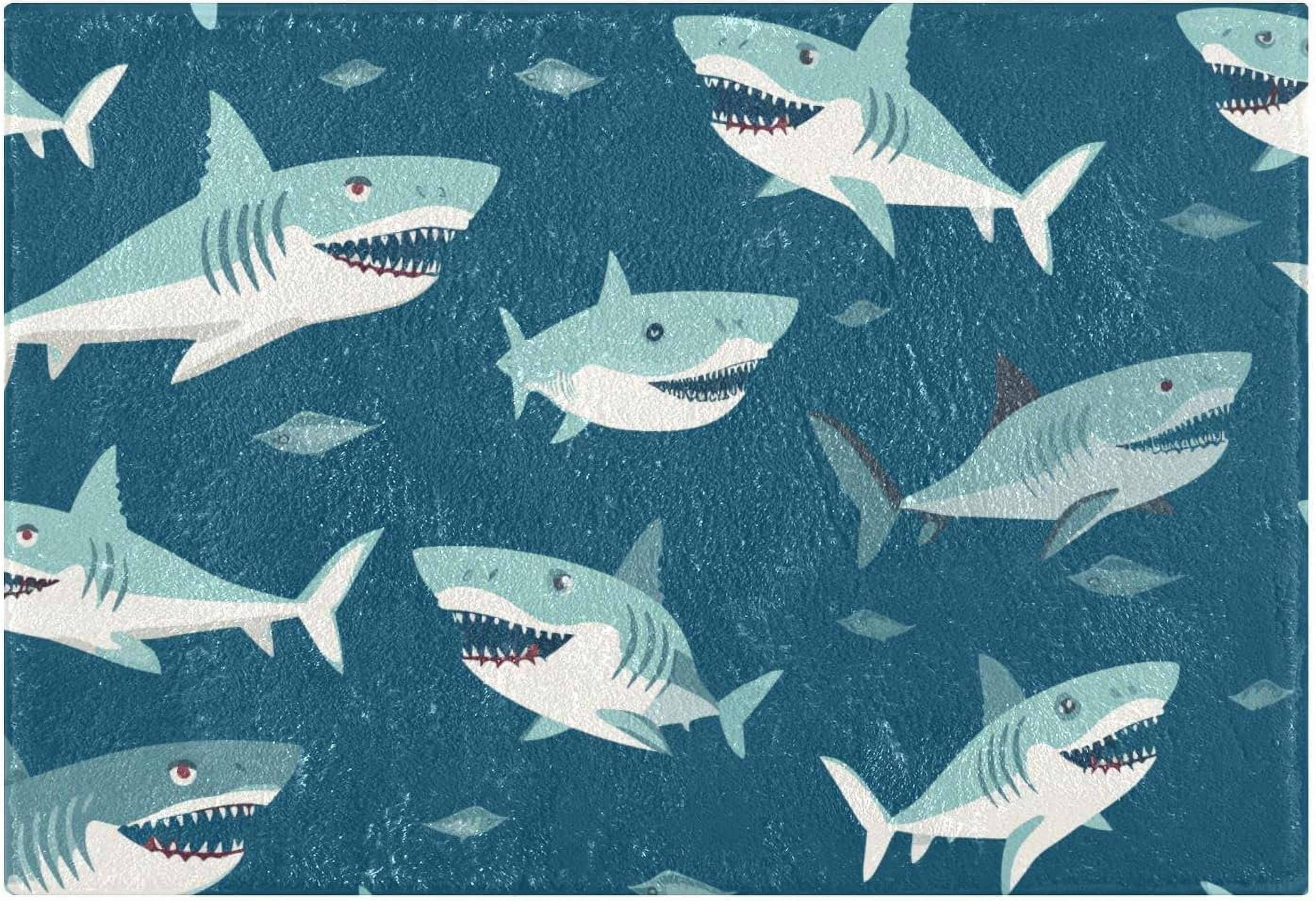 SKYSONIC Toilet Bathroom Rugs Sets 2 Piece, Blue Sharks Soft Absorbent Fluffy Toilet Mat Set Non ...