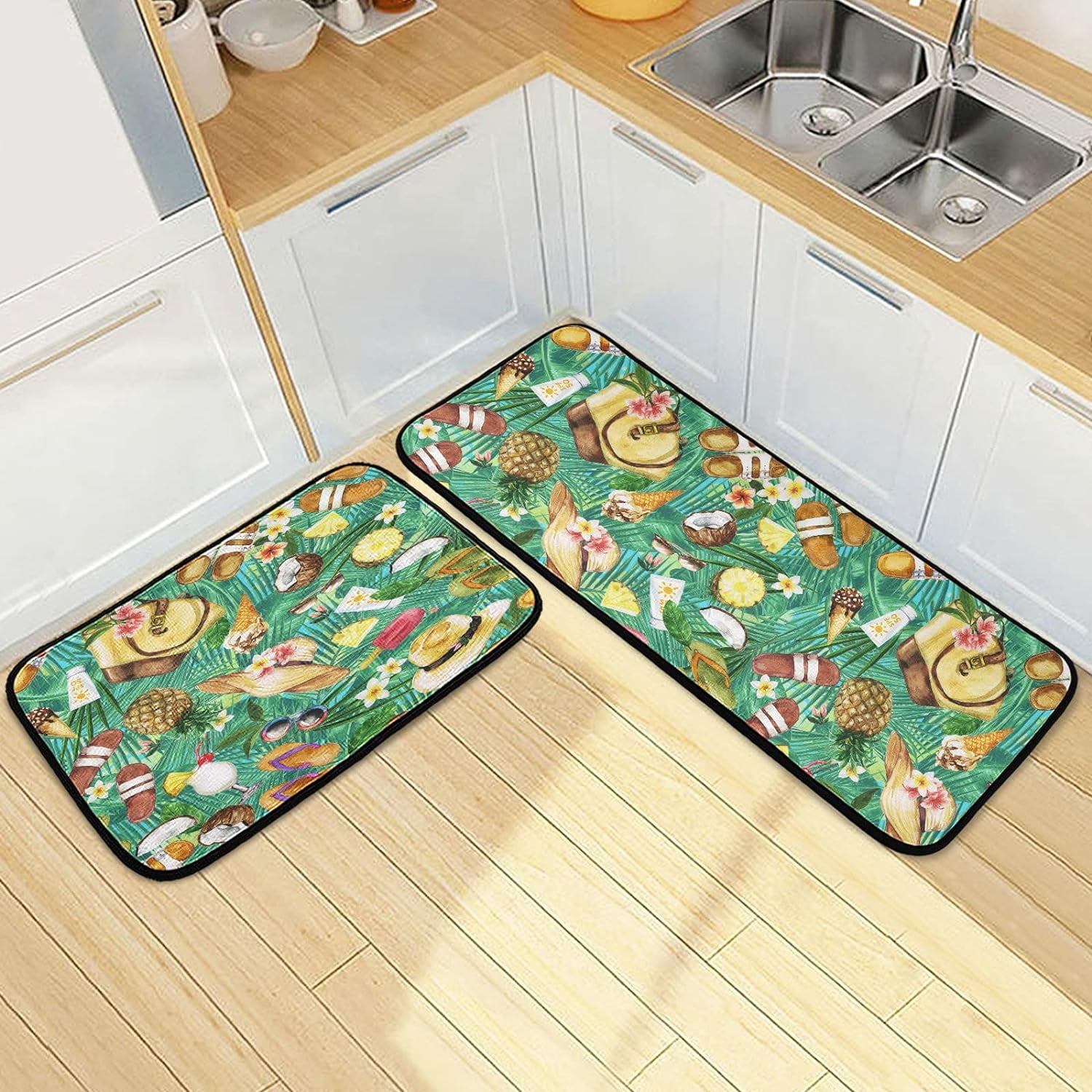 SKYSONIC Tropical Beach Palm Kitchen Rugs Set of 2, Flip Flop Pineapple ...