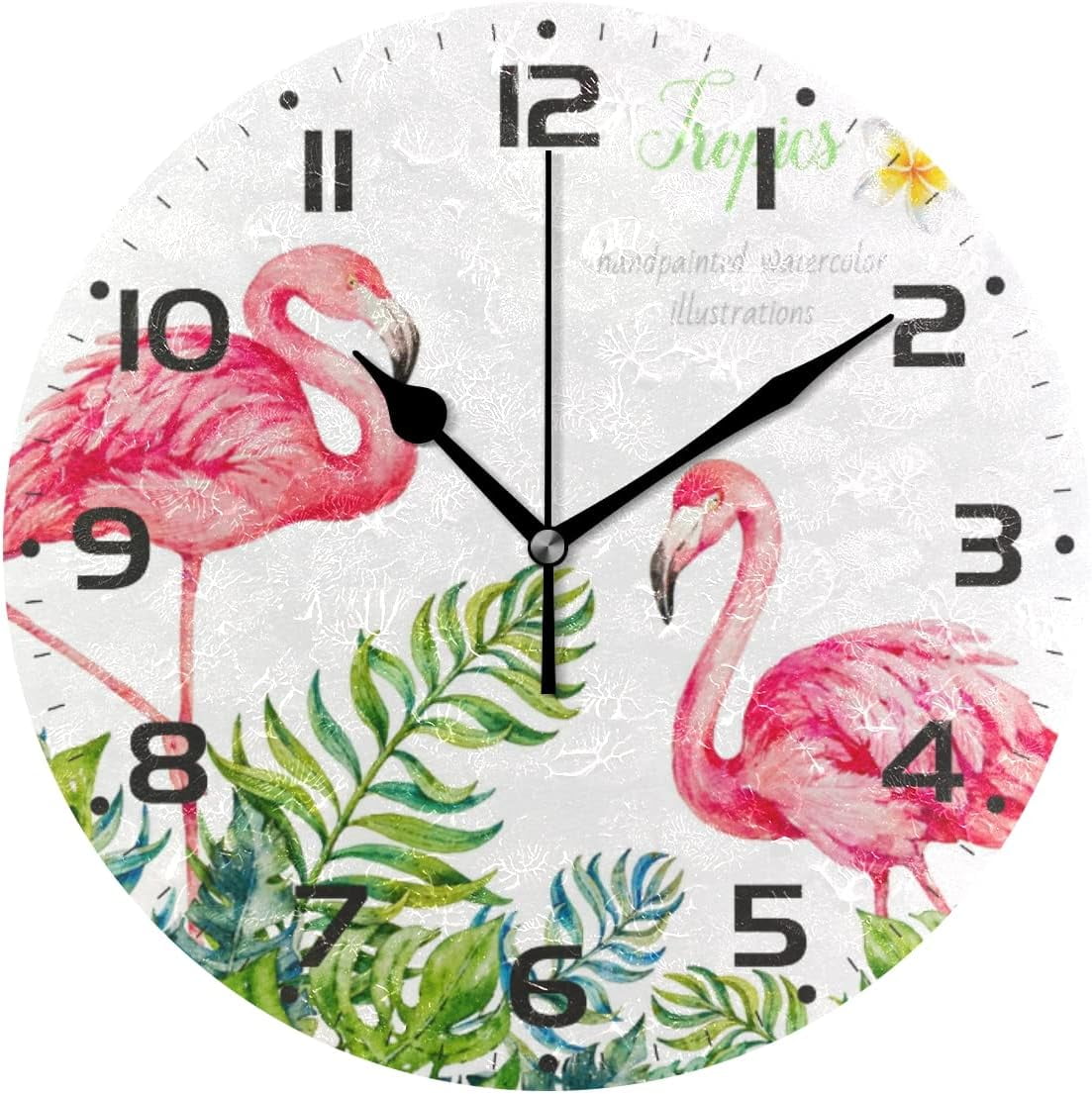 SKYSONIC Tropical Flamingo Leaves Wall Clock 10 Inch Silent Non Ticking ...