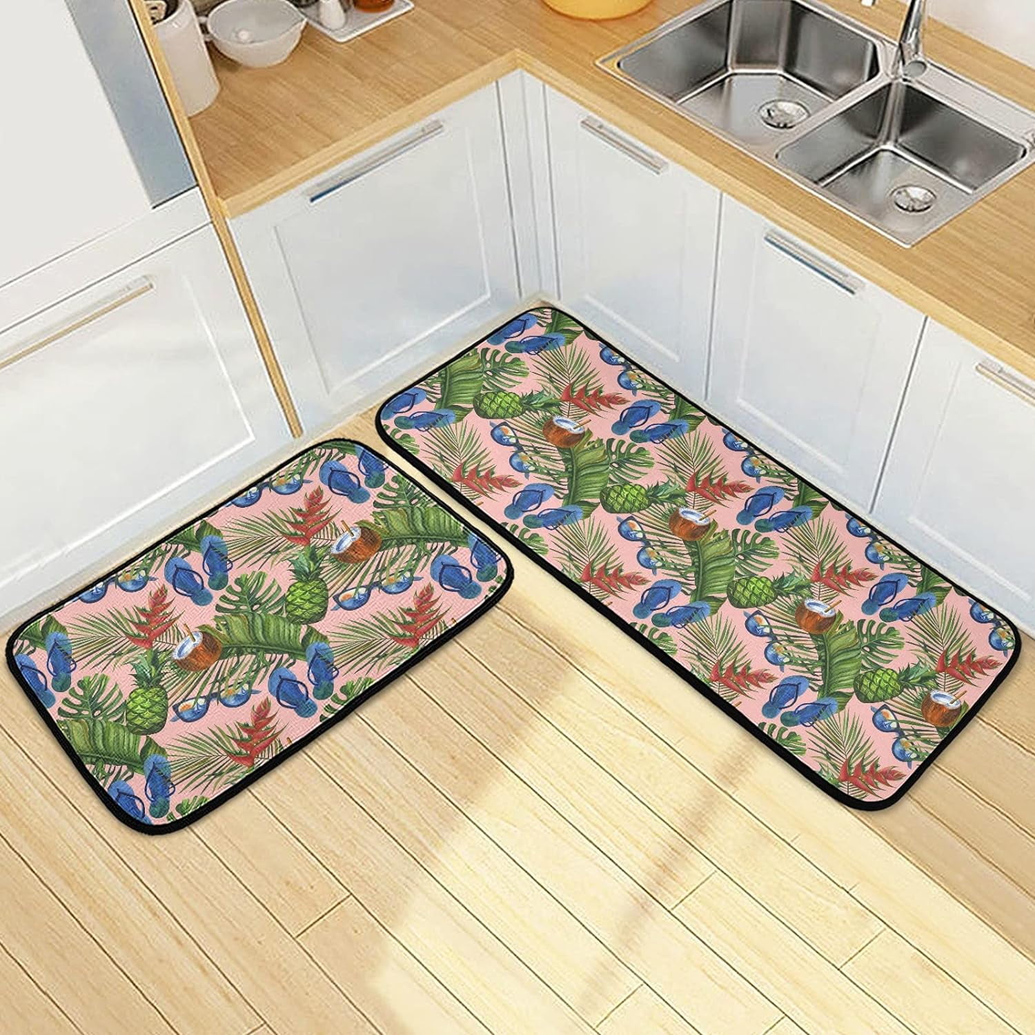 SKYSONIC Tropical Palm Coconuts Kitchen Rugs Set of 2, Pineapples Flip ...