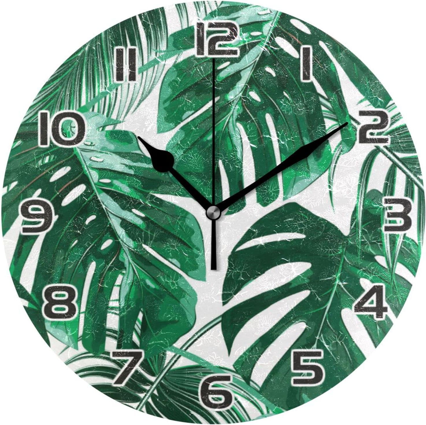 SKYSONIC Tropical Palm Leaves Clock Silent Round Wall Clock Non Ticking ...