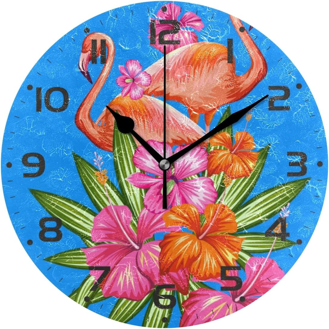 SKYSONIC Tropical Pink Flamingo Flowers Wall Clock 10 Inch Silent Non ...