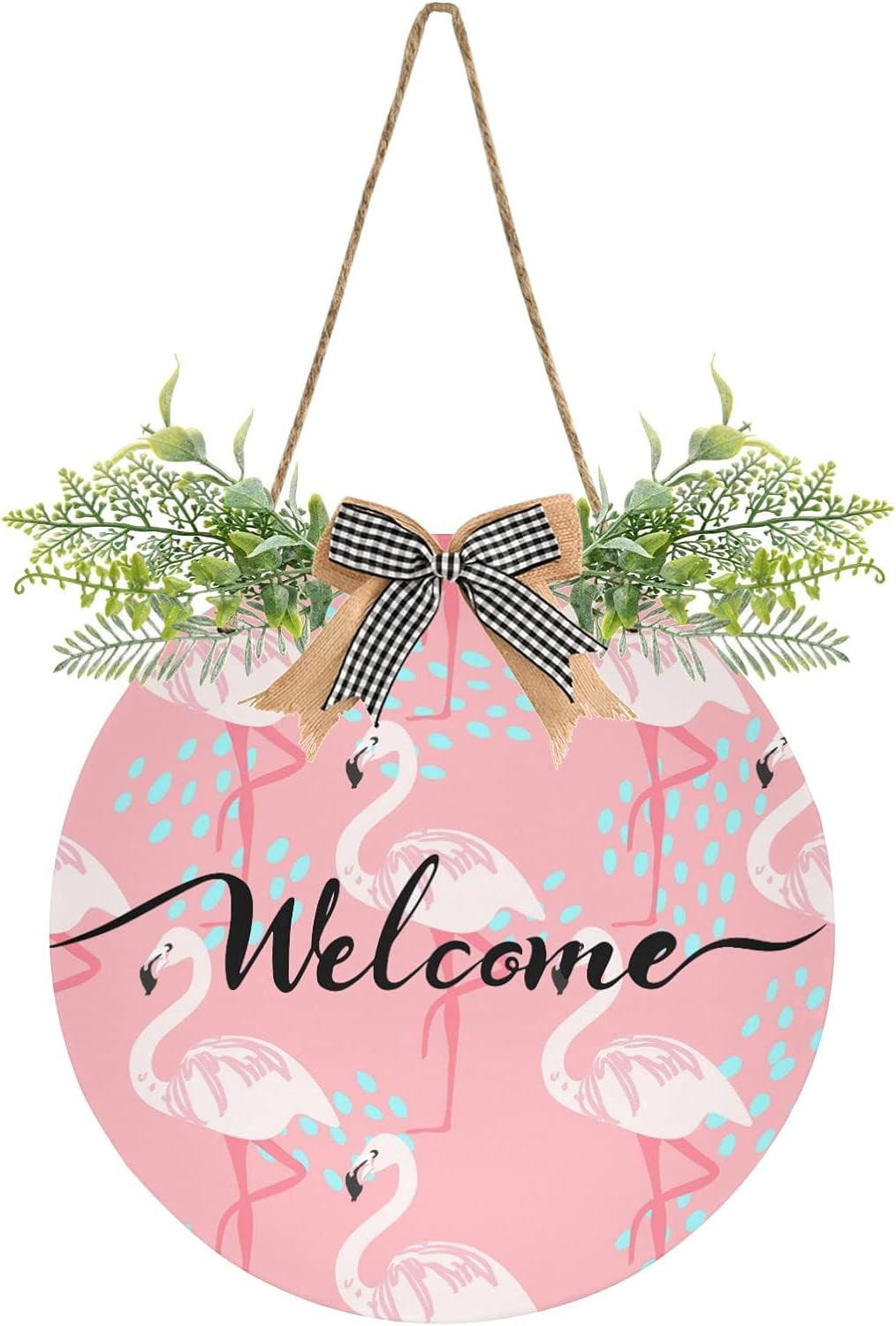 SKYSONIC Tropical Pink Flamingo Welcome Sign Front Door Decor Round ...
