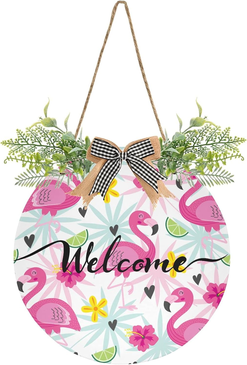 SKYSONIC Tropical Pink Flamingo Welcome Sign Front Door Decor Round ...