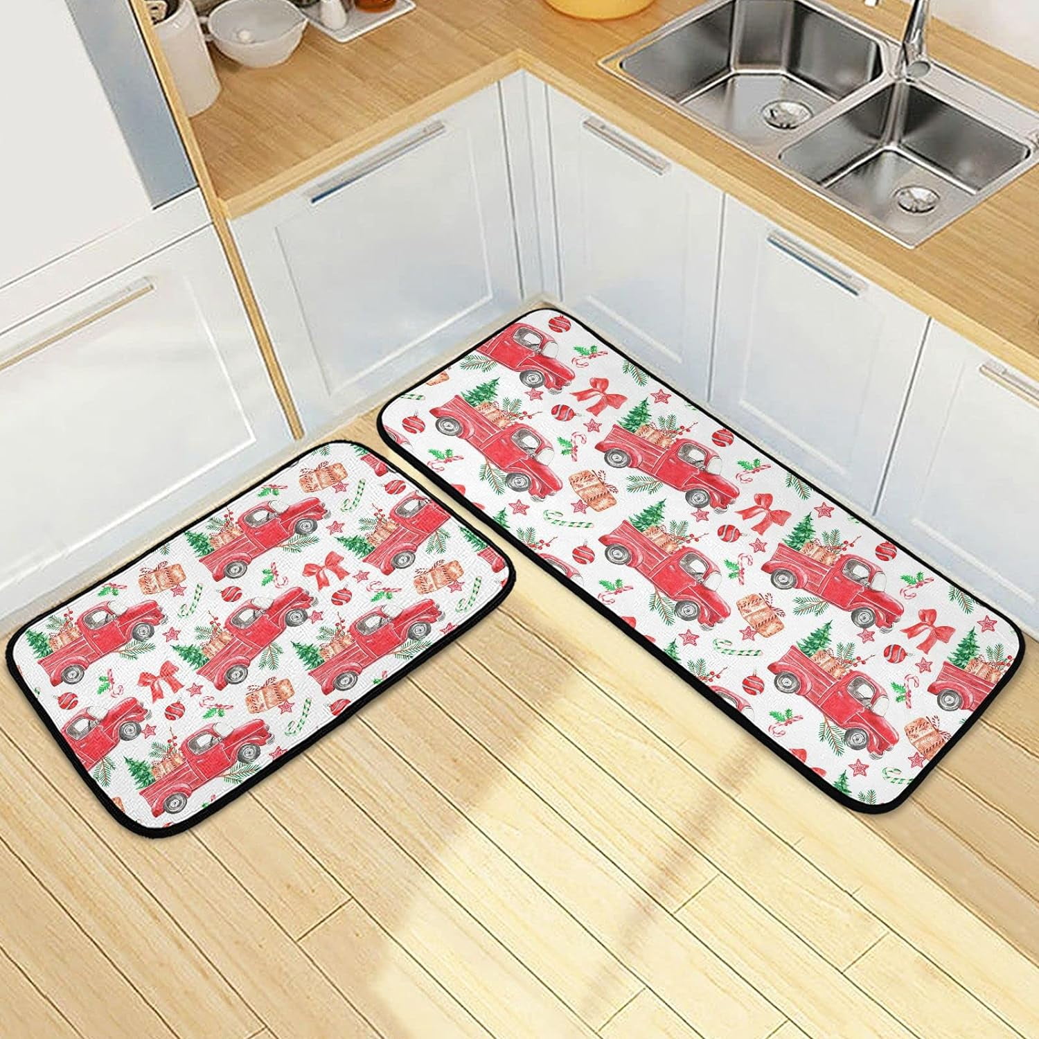SKYSONIC Truck Kitchen Rugs Set of 2, Watercolor Floor Runner Area Rug ...