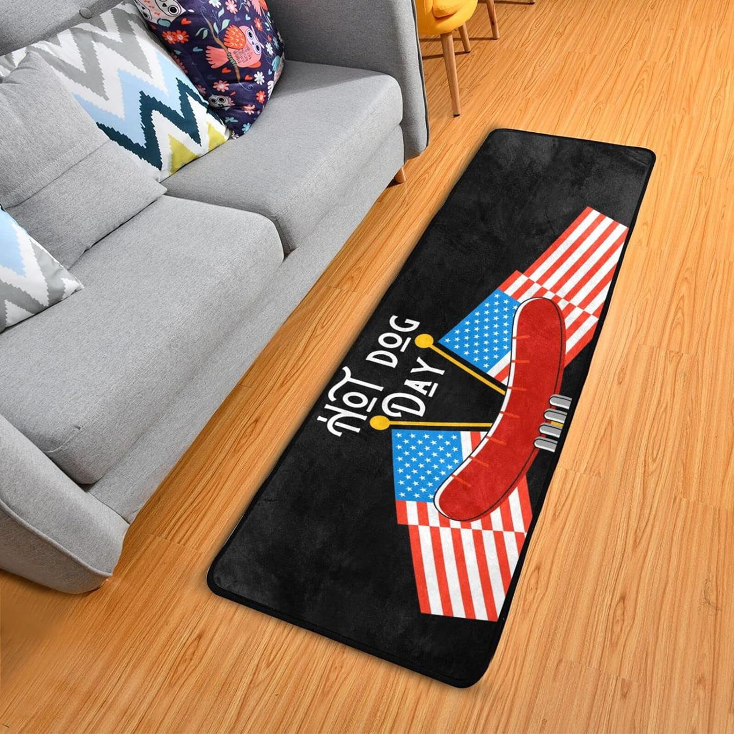 SKYSONIC USA Flag Hot Dog Runner Rug with Rubber Backing, Happy 4th of ...