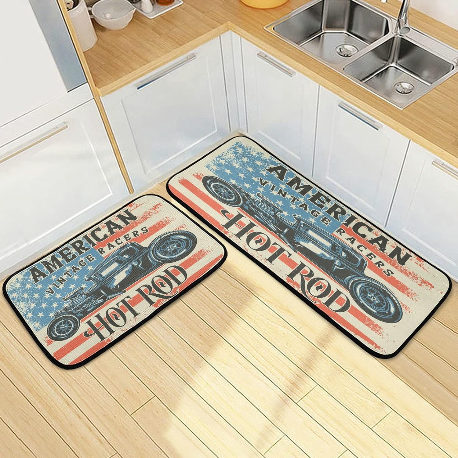 SKYSONIC USA Flag Retro Style Kitchen Mats and Rugs American Hot Rod ...