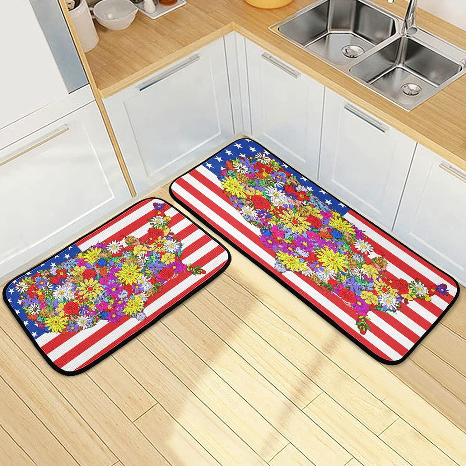 SKYSONIC USA Floral Map Kitchen Mats and Rugs American National Flag ...