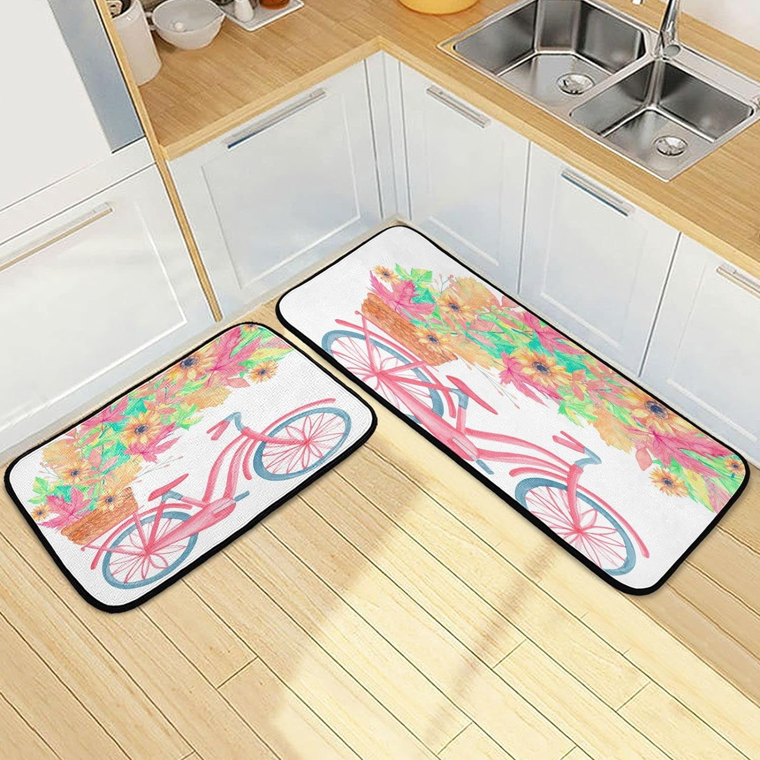 SKYSONIC Unique Bicycle Sunflowers Kitchen Rugs Set of 2, Watercolor ...