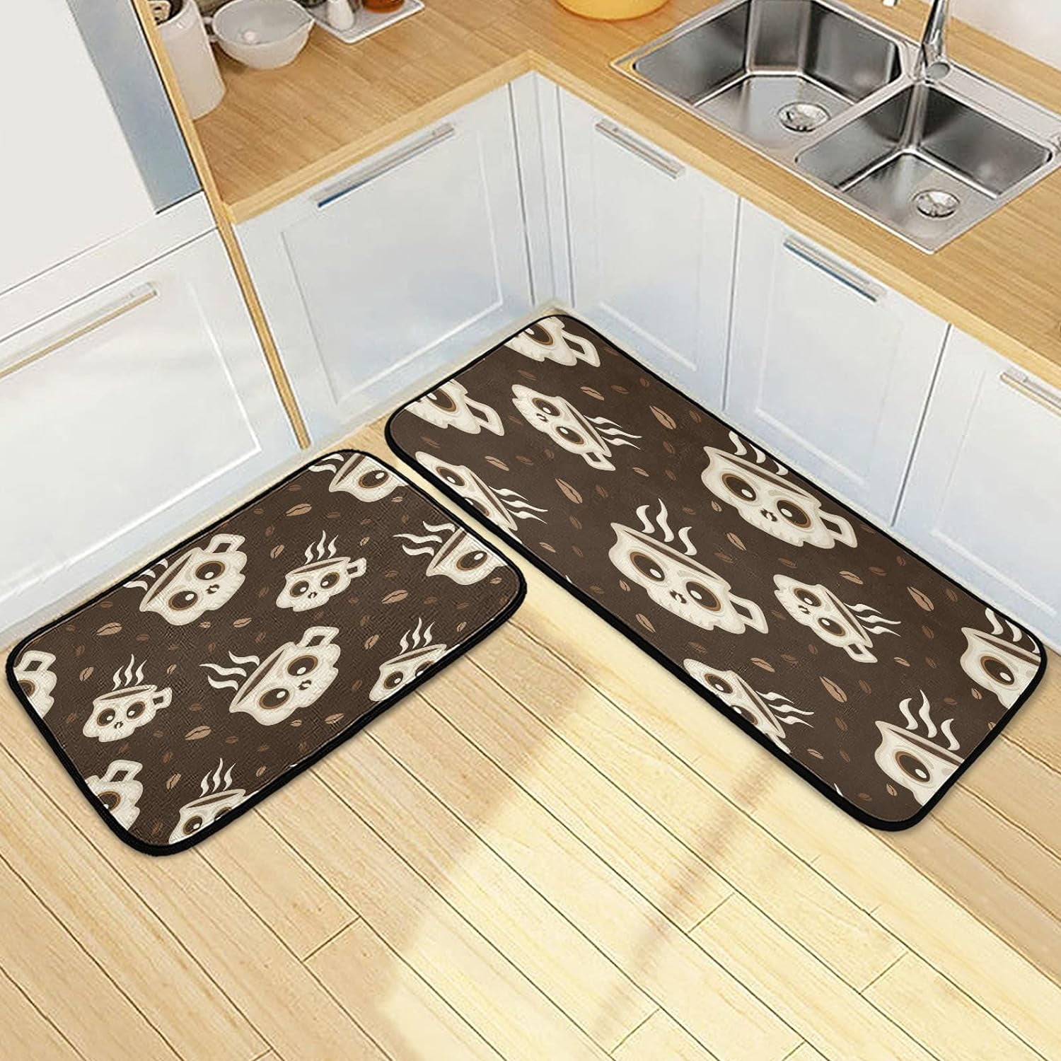 SKYSONIC Unique Cafe Skull Cup Kitchen Rugs Set of 2, Coffee Bean Floor ...