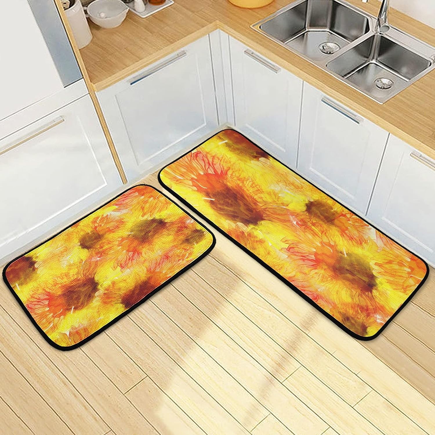 SKYSONIC Unique Sunflowers Kitchen Rugs Set of 2, Yellow Flower Floor ...