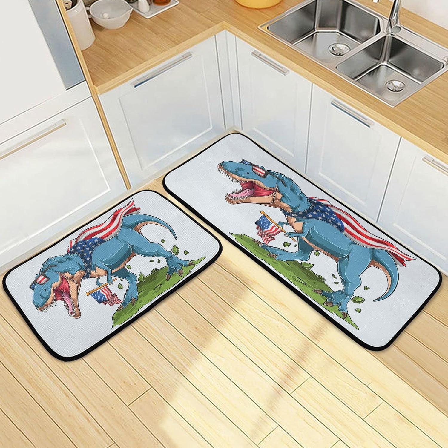 SKYSONIC Unique T-rex Dinosaur Kitchen Rugs and Mats 2 Pcs, American ...