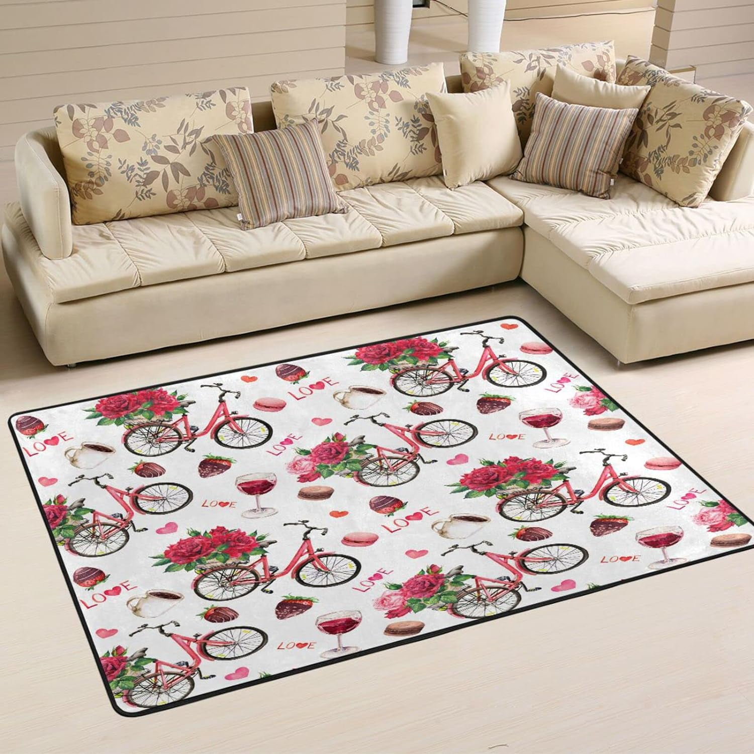 SKYSONIC Valentine Bike Rose Non-Slip Area Rug, Red Wine Macarons Floor ...