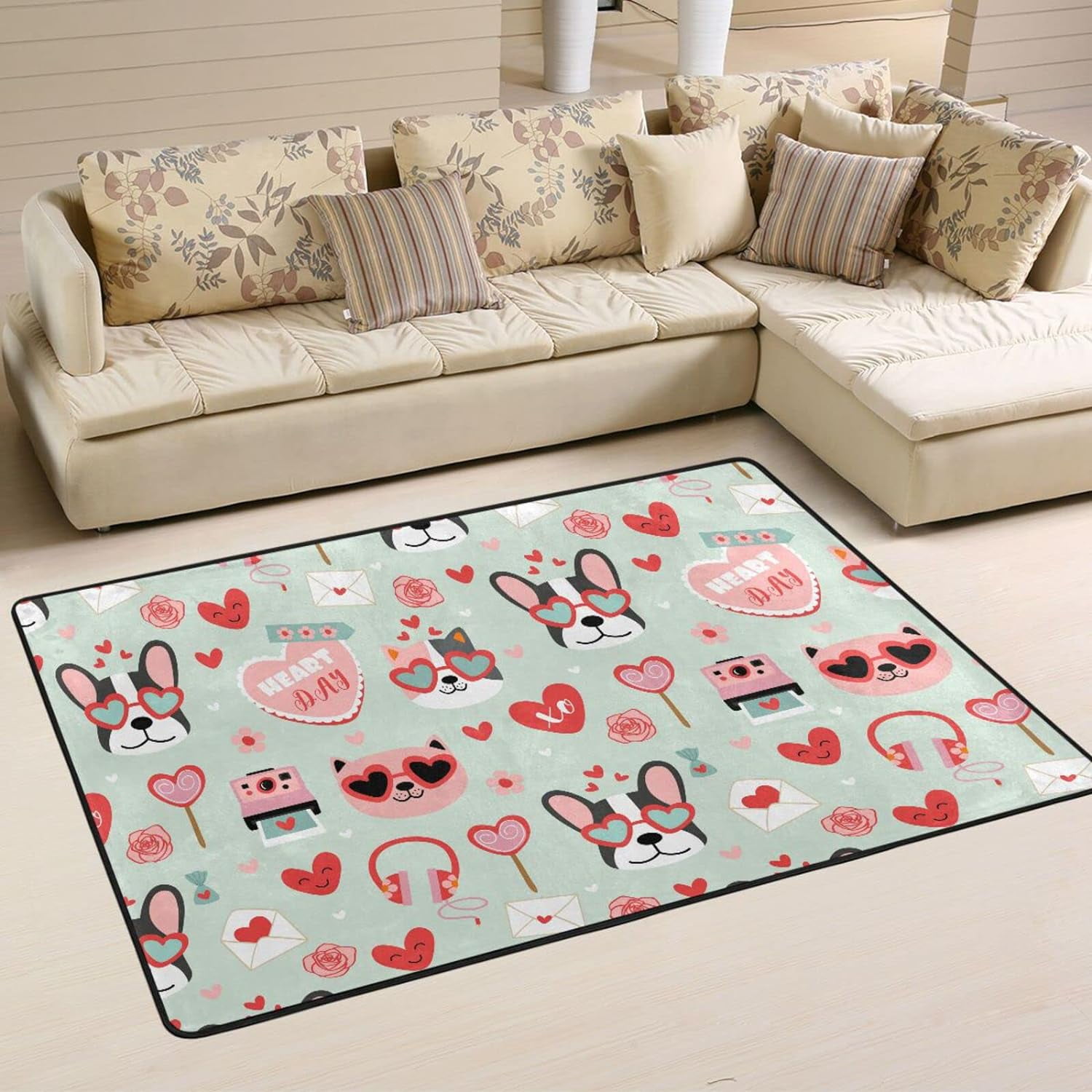 SKYSONIC Valentine Funny Dogs Love Non-Slip Area Rug, Cute Cartoon ...