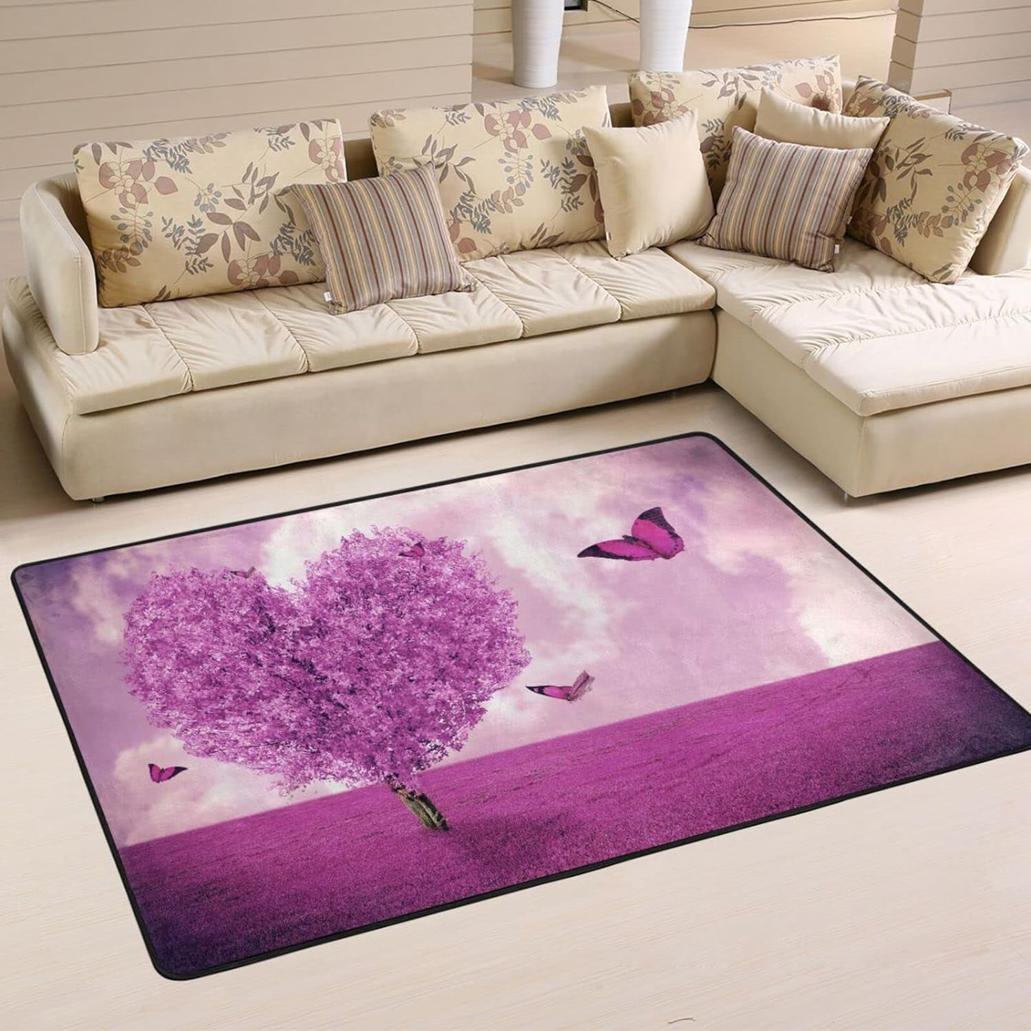 SKYSONIC Valentine Heart Tree Non-Slip Area Rug, Purple Field ...