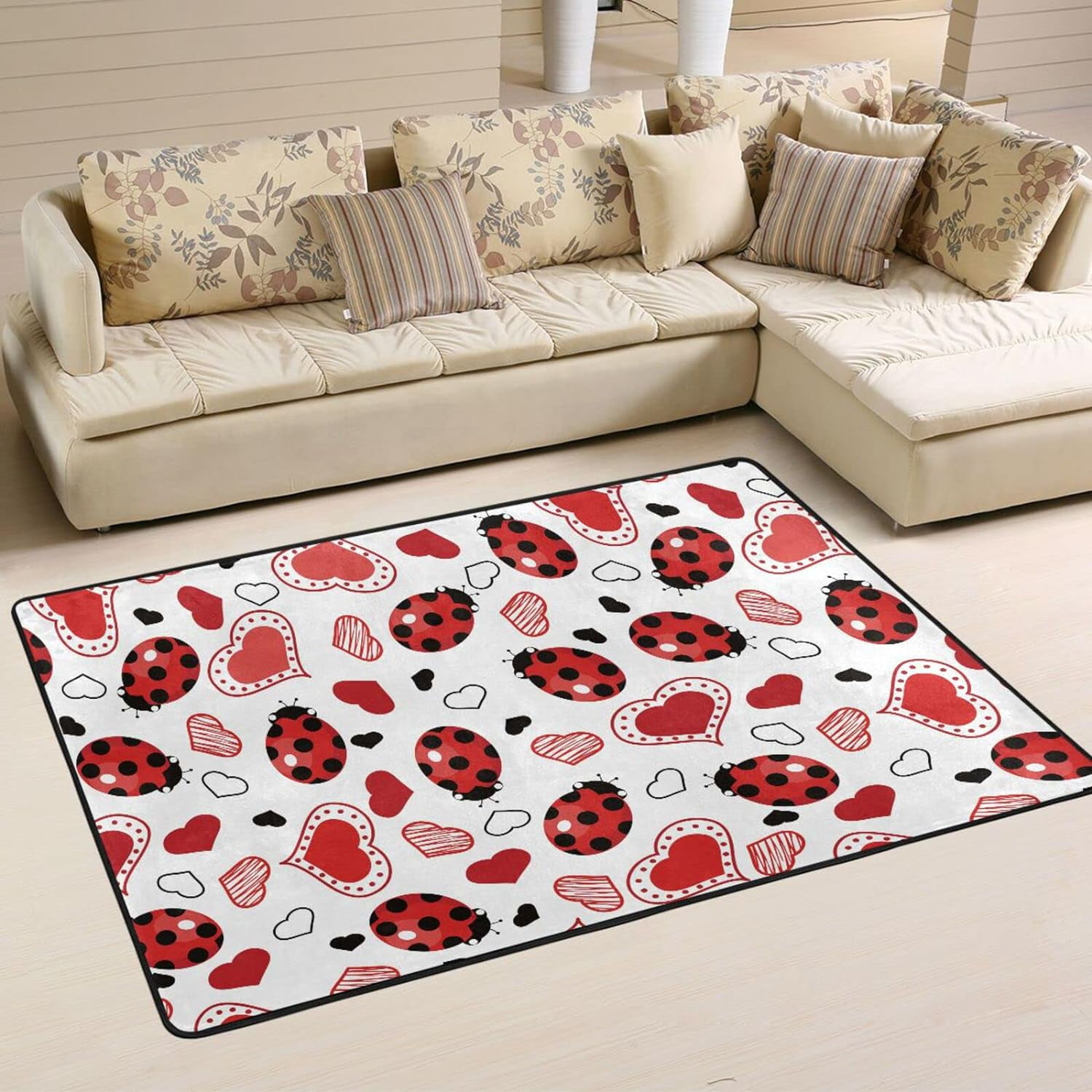 SKYSONIC Valentine Ladybugs Hearts Non-Slip Area Rug, Spring Animala ...