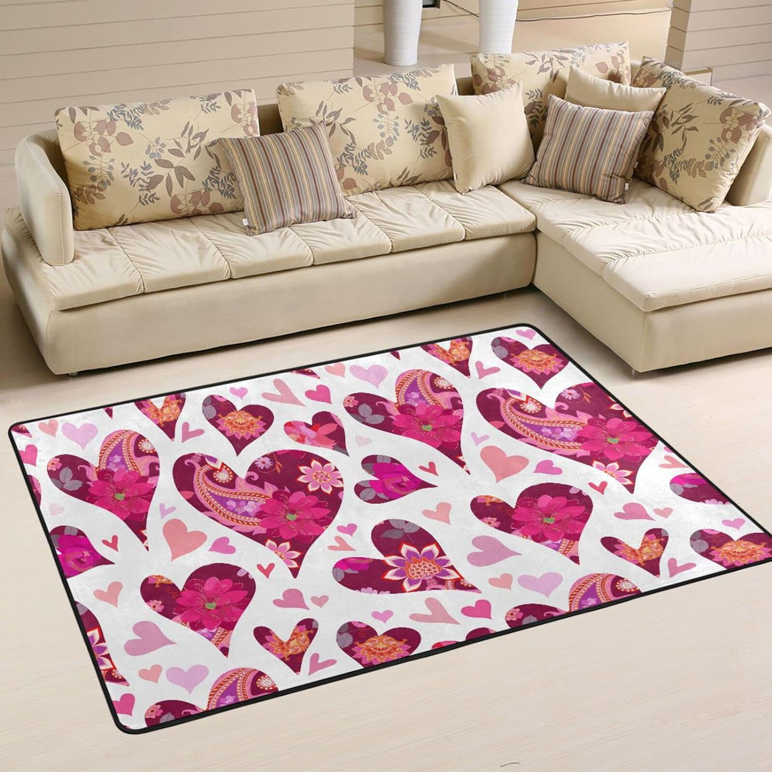 SKYSONIC Valentine Paisley Heart Non-Slip Area Rug, Ethnic Pink Flower ...
