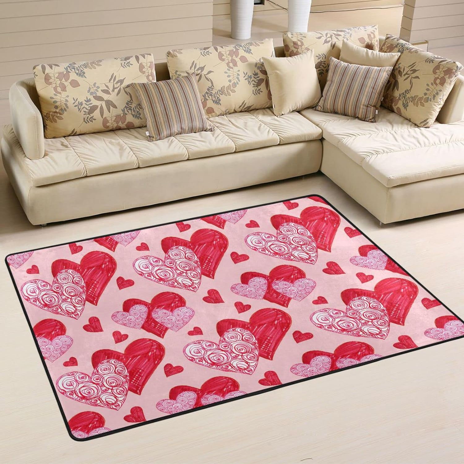 SKYSONIC Valentine Red Heart Pink Non-Slip Area Rug, Floral Rose Spring ...