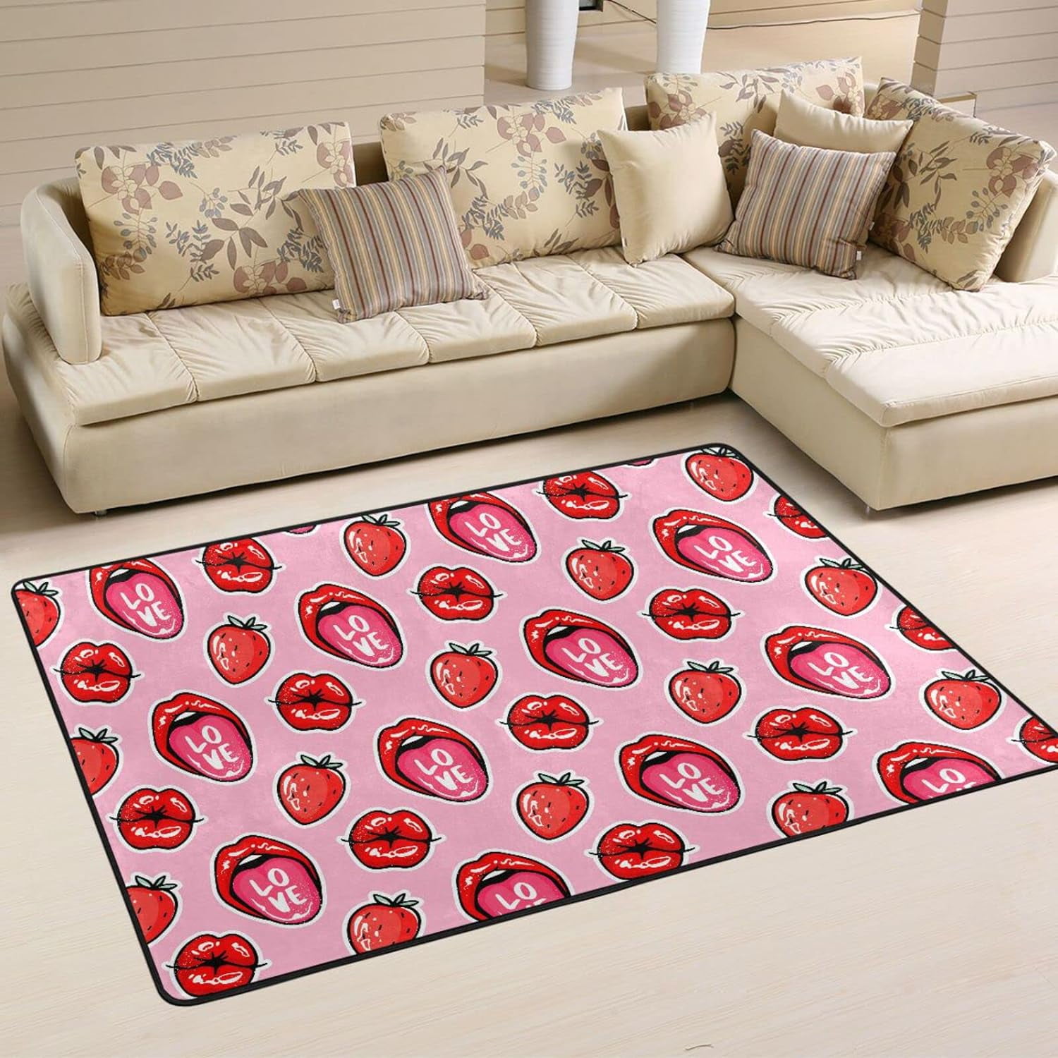 SKYSONIC Valentine Sexy Red Lips Non-Slip Area Rug, Strawberry Kiss ...