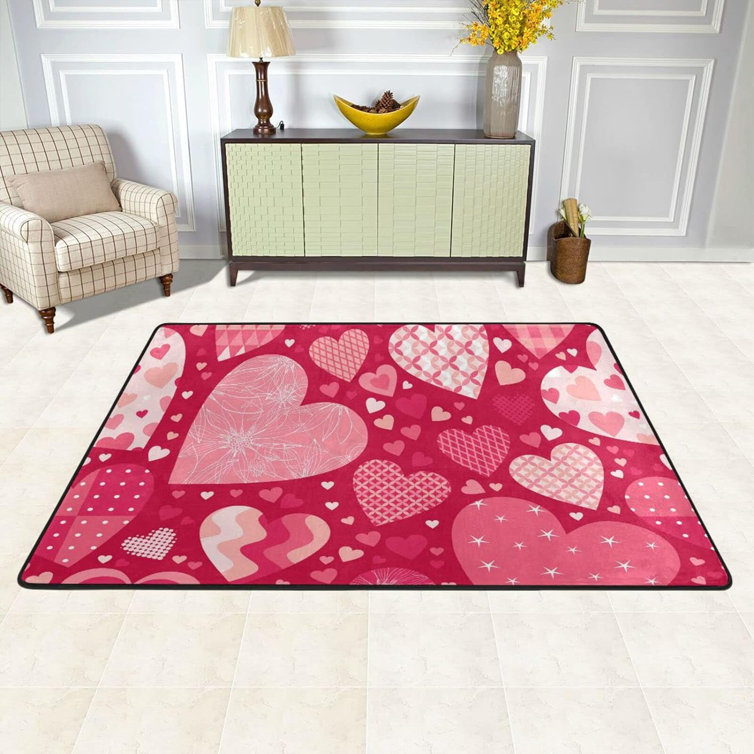 SKYSONIC Valentine's Day Hearts Non-Slip Area Rug, Cute Pink Pattern ...