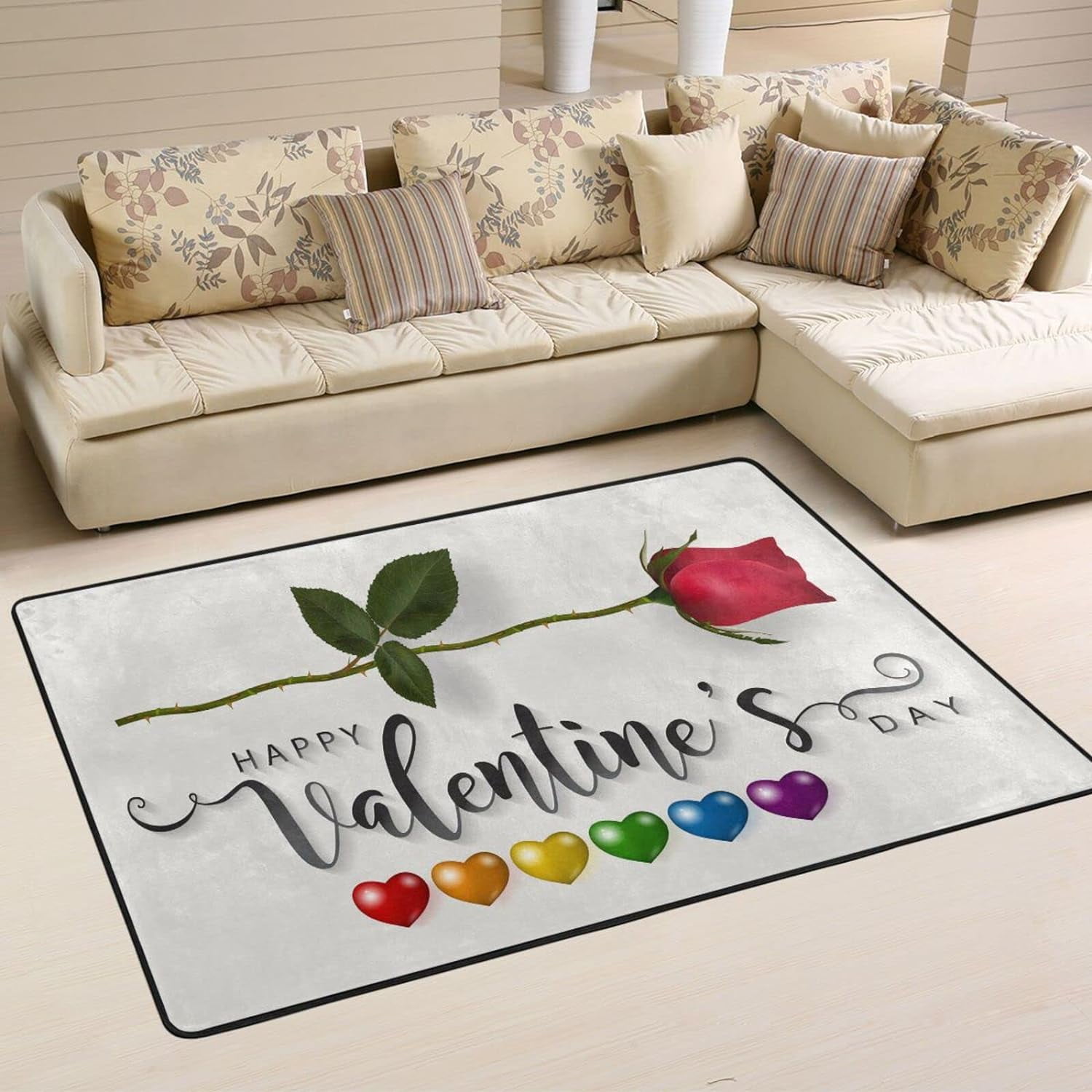 SKYSONIC Valentine's Day Rose Non-Slip Area Rug, Heart LGBT Rainbow Flag Floor Carpet Comfort ...