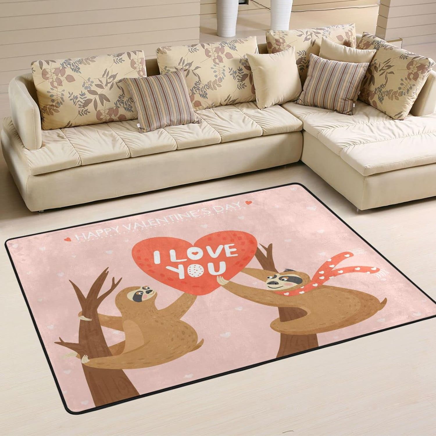 SKYSONIC Valentine's Day Sloths Non-Slip Area Rug, Cute Love Animal ...