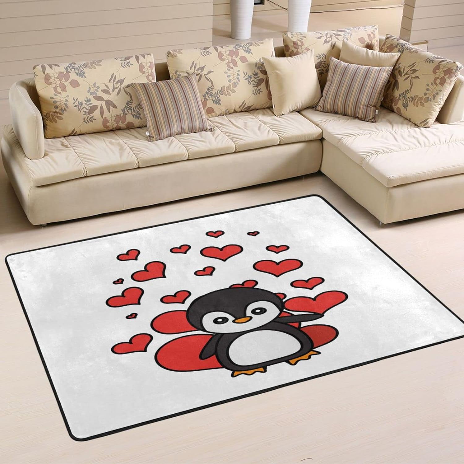 SKYSONIC Valentines Penguin Non-Slip Area Rug, Red Hearts Floor Carpet ...