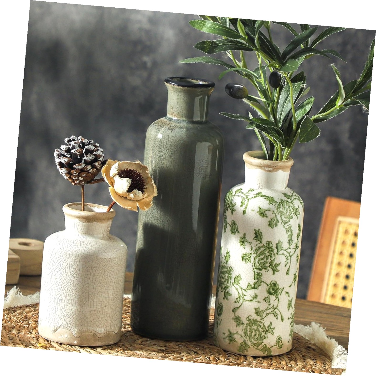 SKYSONIC Vase Set of 3, Ceramic Vases, Chinoiserie Decor Retro Floral ...