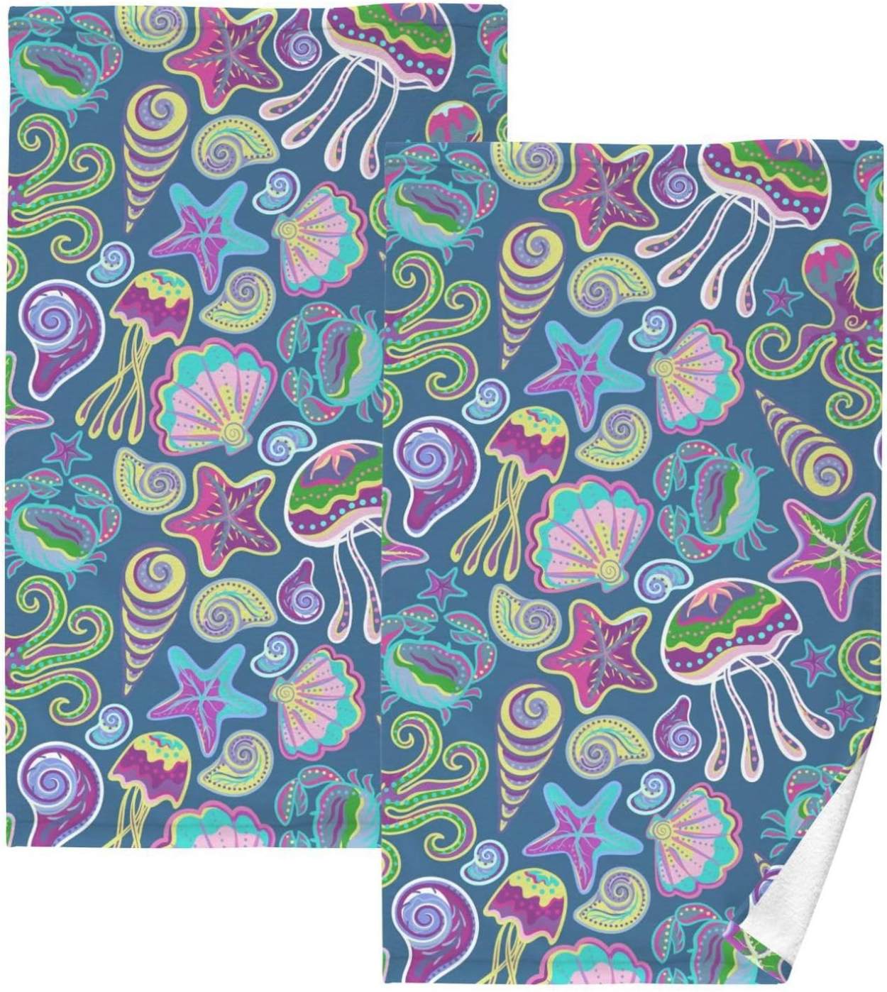 SKYSONIC Vibrant Marine Animal Patterned Hand Towels 2 PCS, Cotton Bath ...