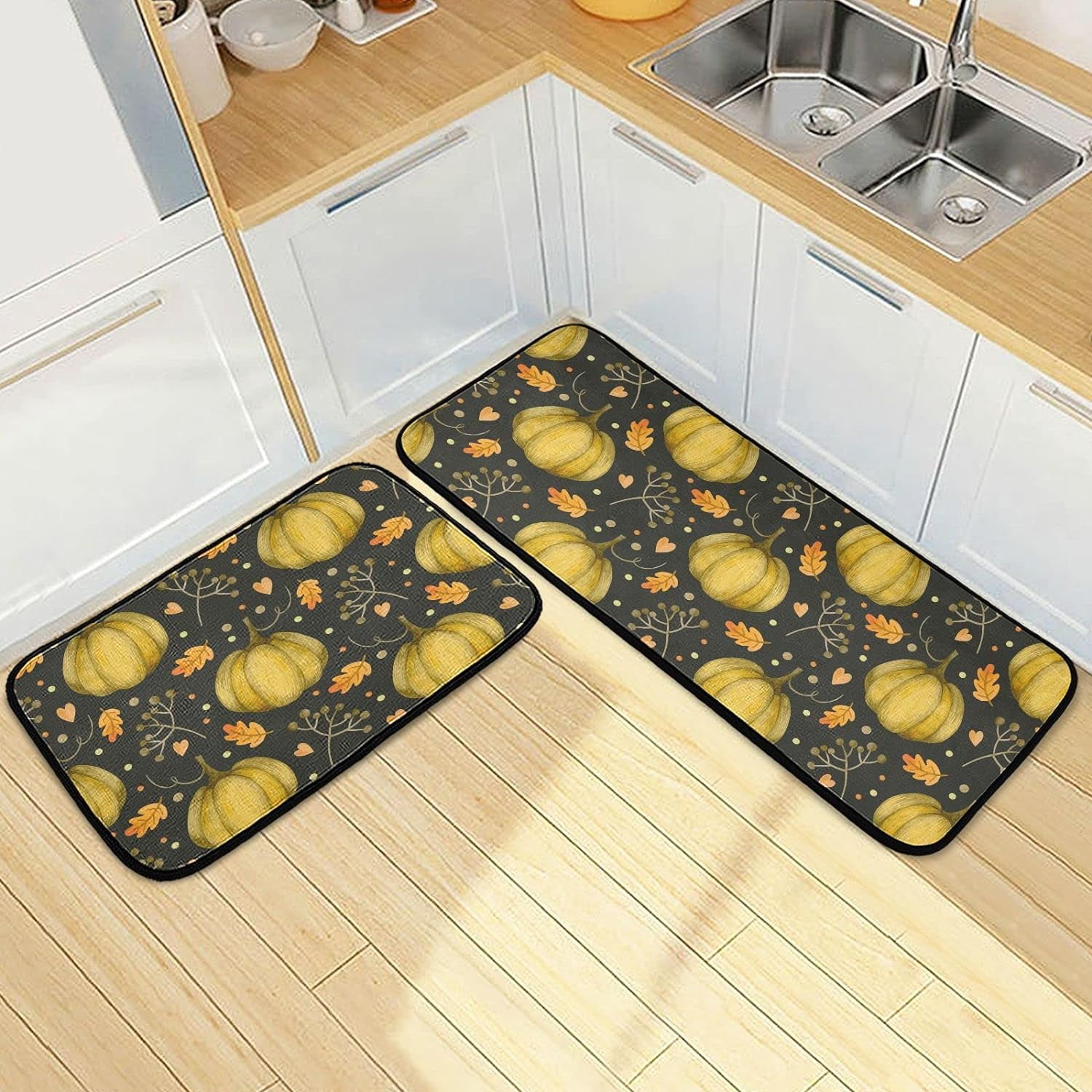 SKYSONIC Vintage Autumn Pumpkins Kitchen Rugs Set of 2, Thanksgiving ...