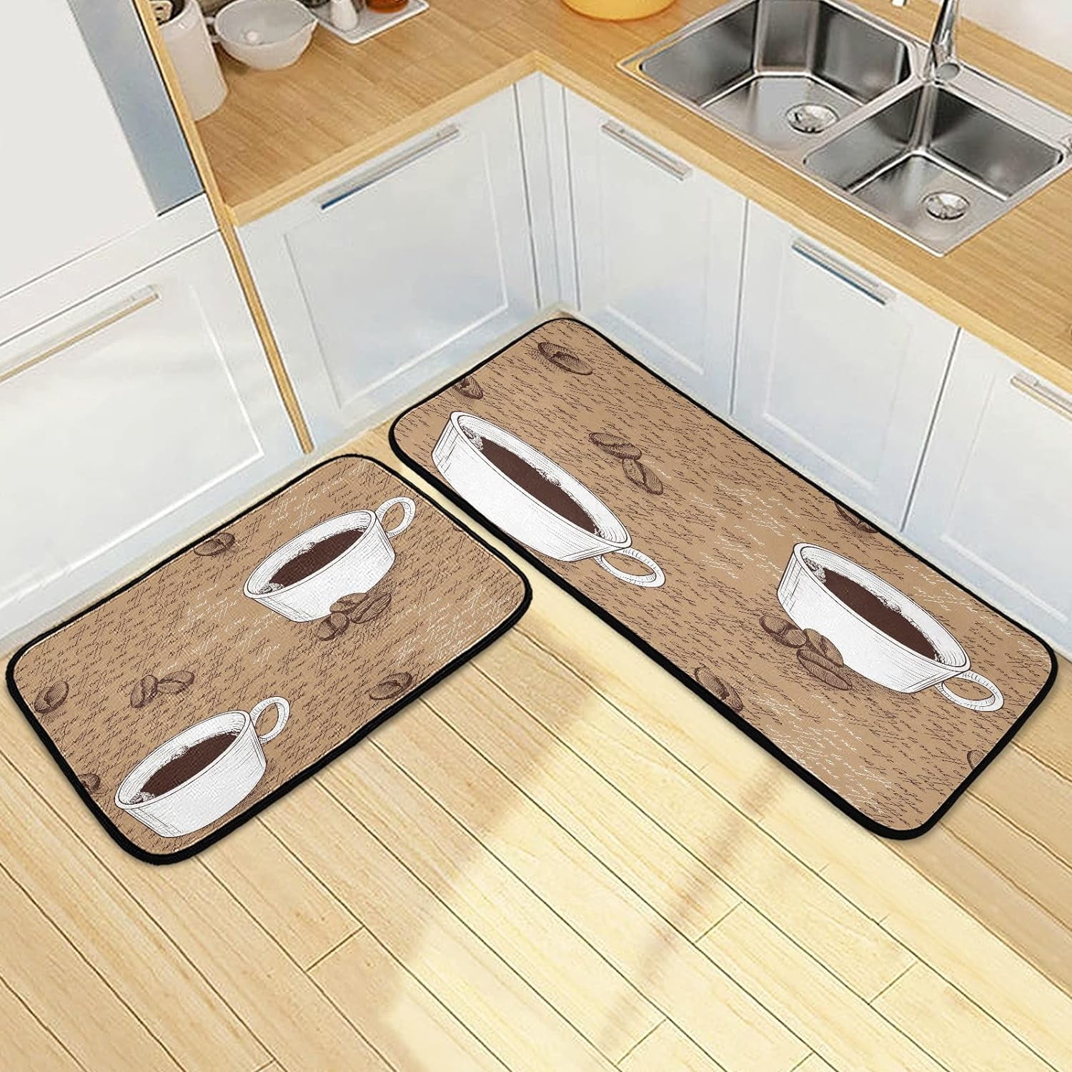SKYSONIC Vintage Coffee Beans Kitchen Rugs Set of 2, Pattern Cups Floor ...