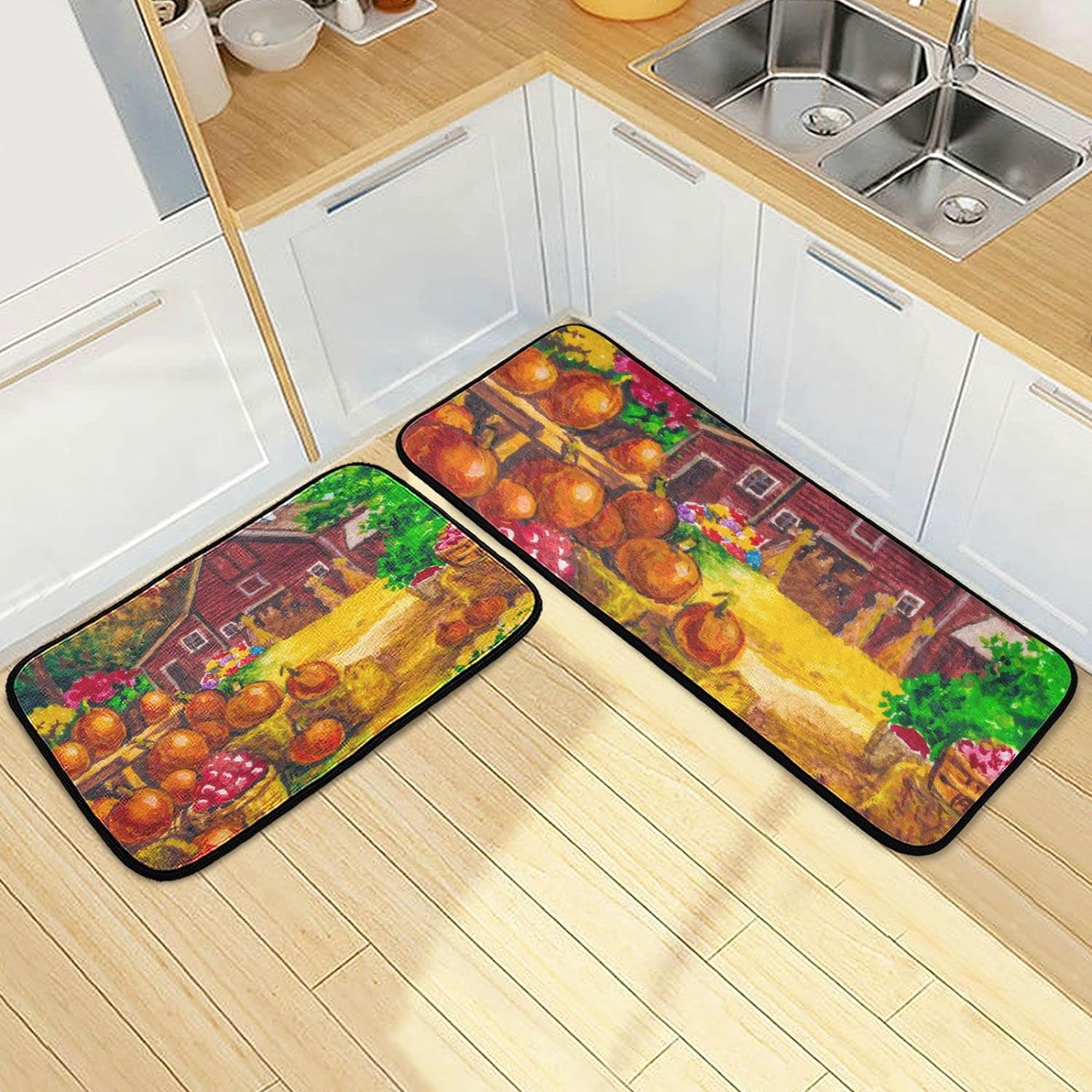 SKYSONIC Vintage Farm Fall Harvest Kitchen Rugs Set of 2, Oli Painting ...