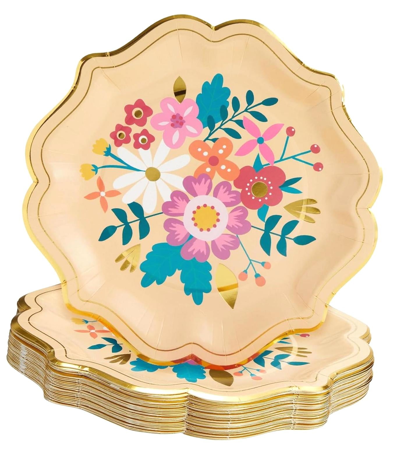 SKYSONIC Vintage Floral Paper Plates with Scalloped Borders (9 Inches ...